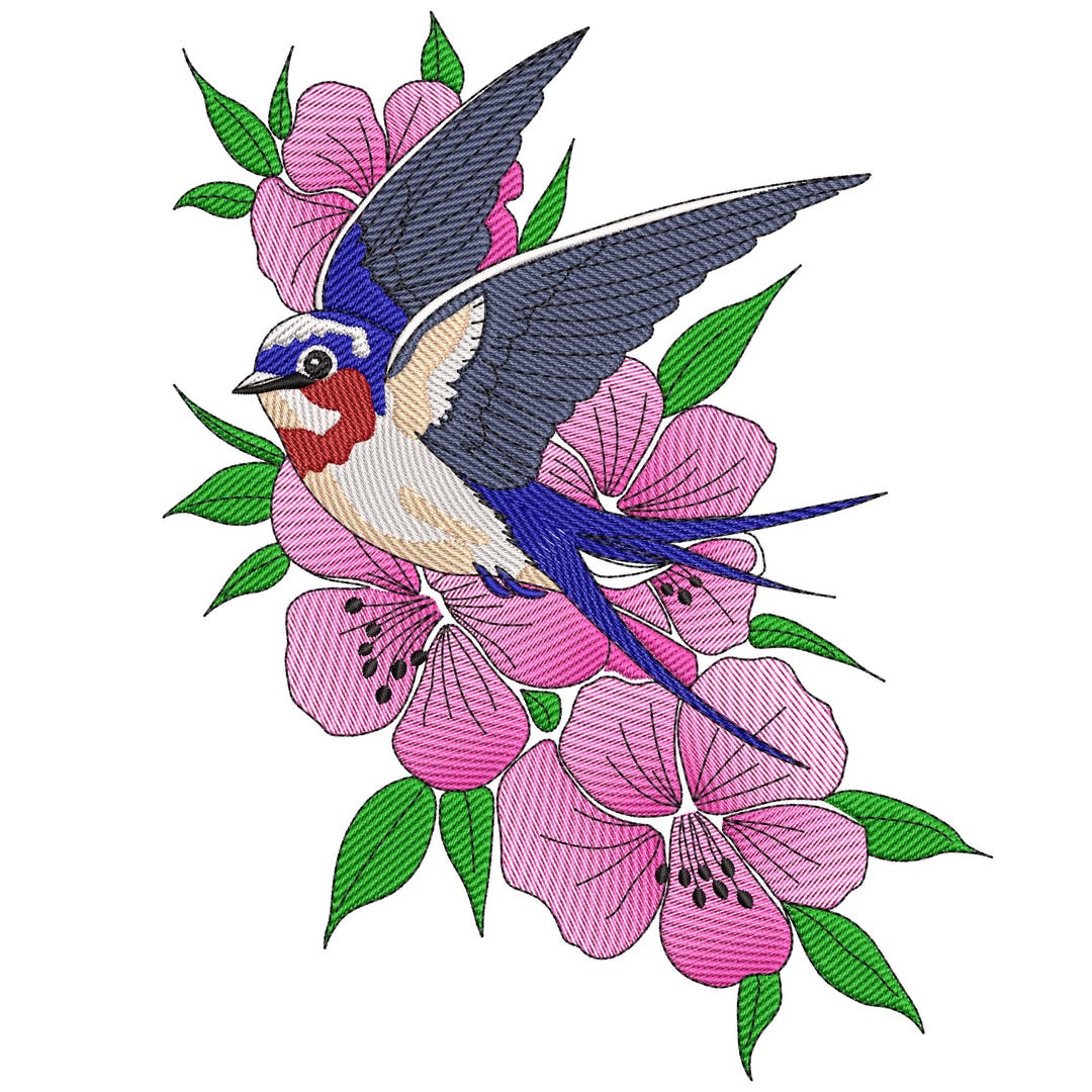 Swallow Bird With Flowers Embroidery Design, Flowers and Swallow ...