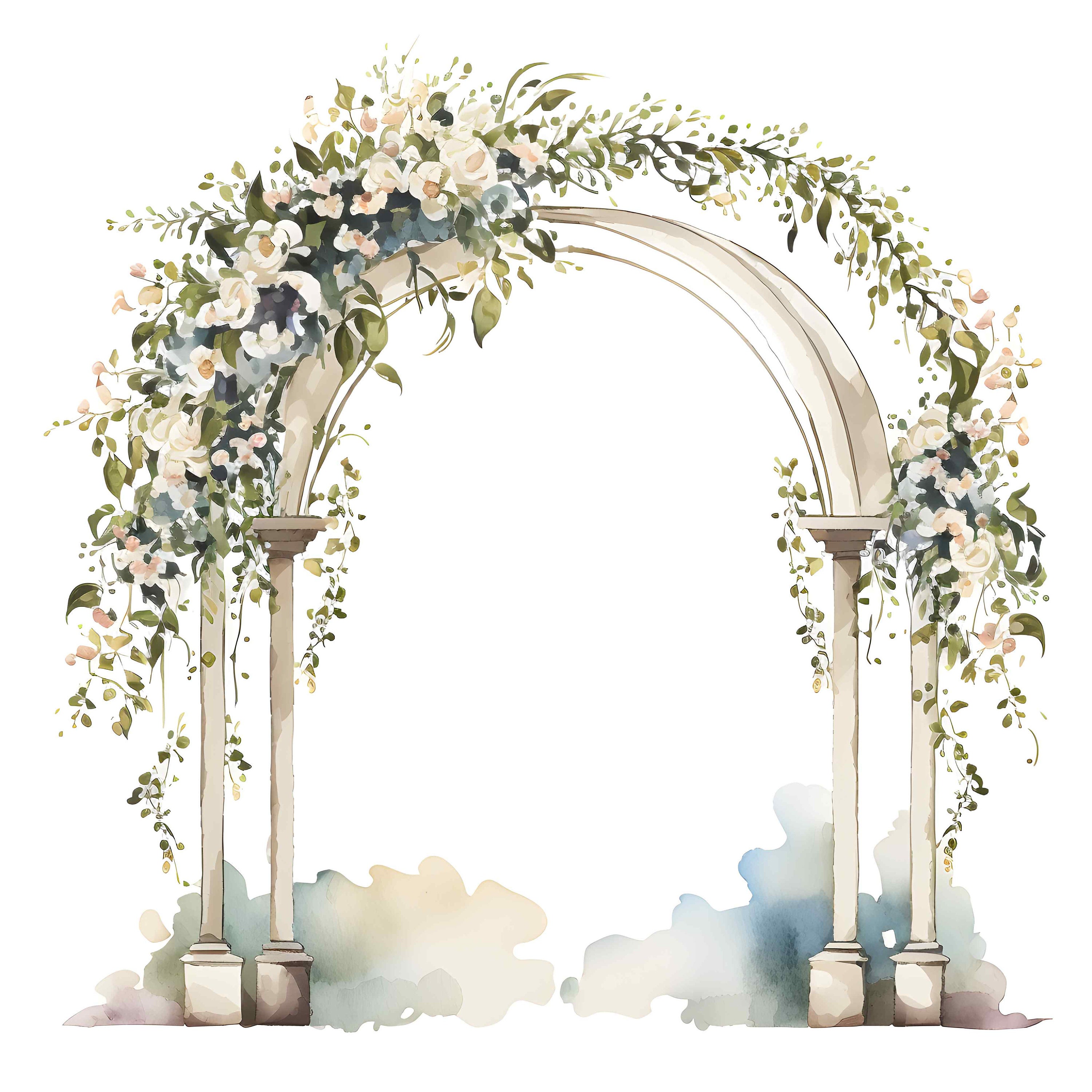 Watercolor Golden Wedding Floral Arches Clipart Set Decorative White ...