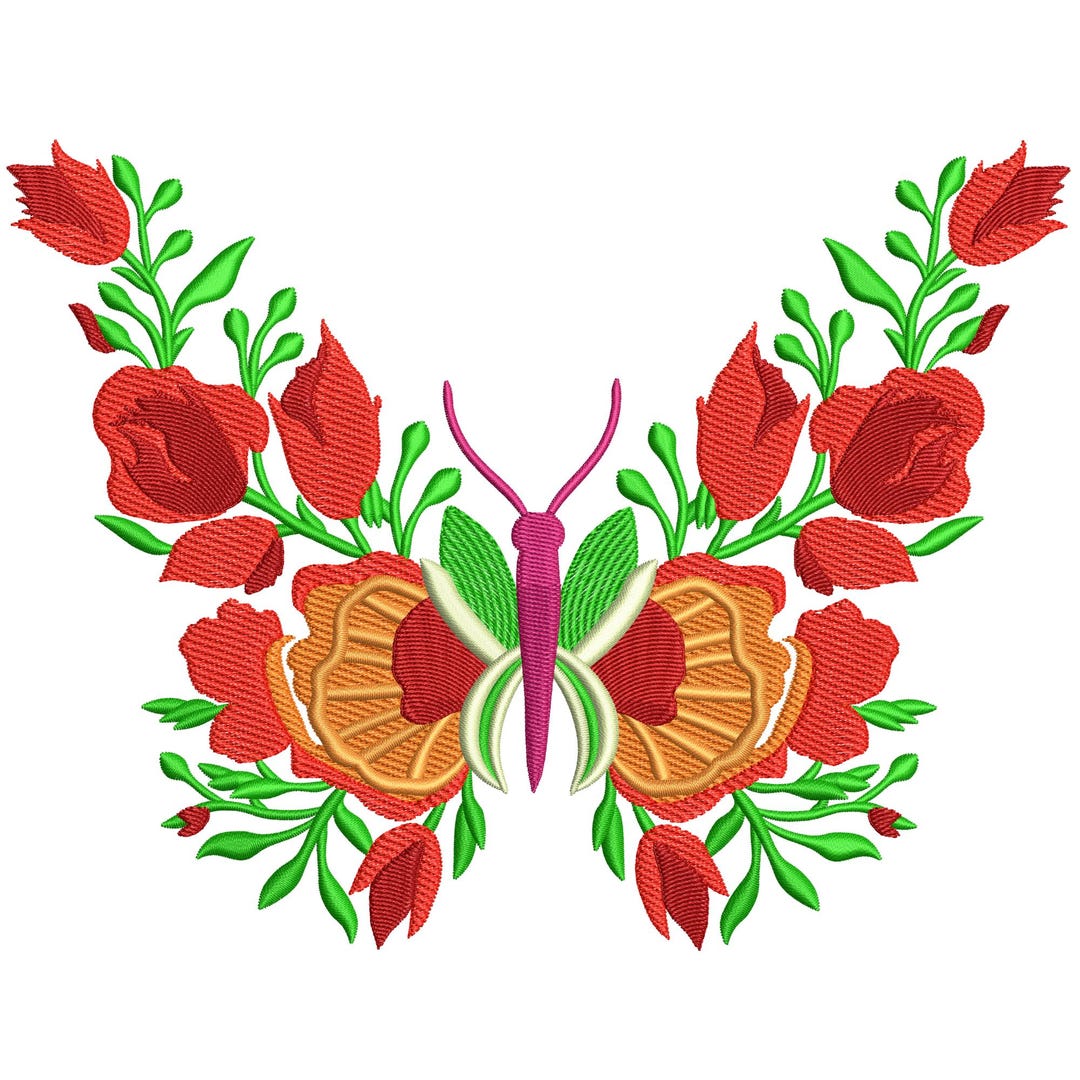 Butterfly Flower Embroidery Design, Floral Butterfly Machine Embroidery ...