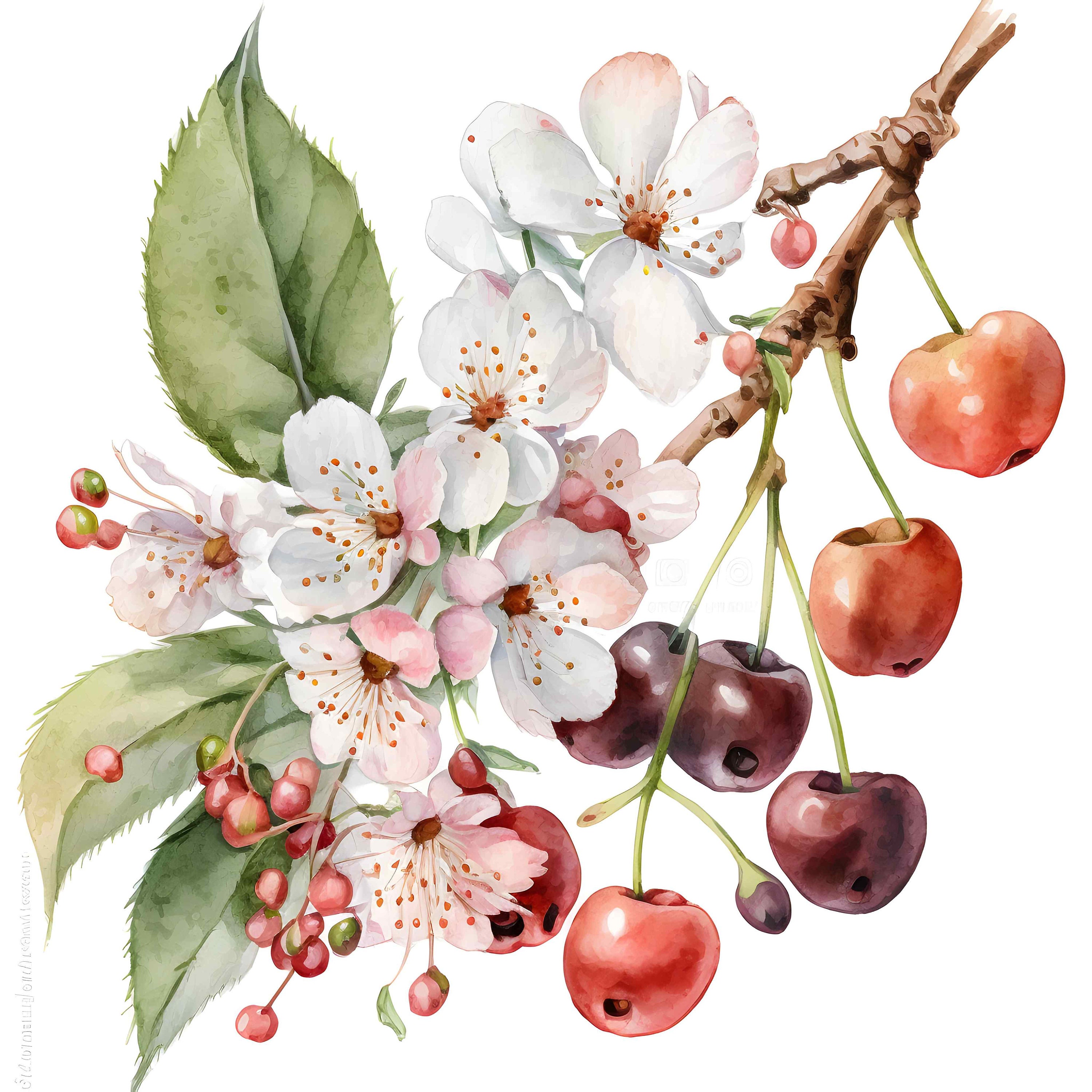 Watercolor Cherry Blossom Clipart, Summer Fruits Clipart, Spring Cherry ...