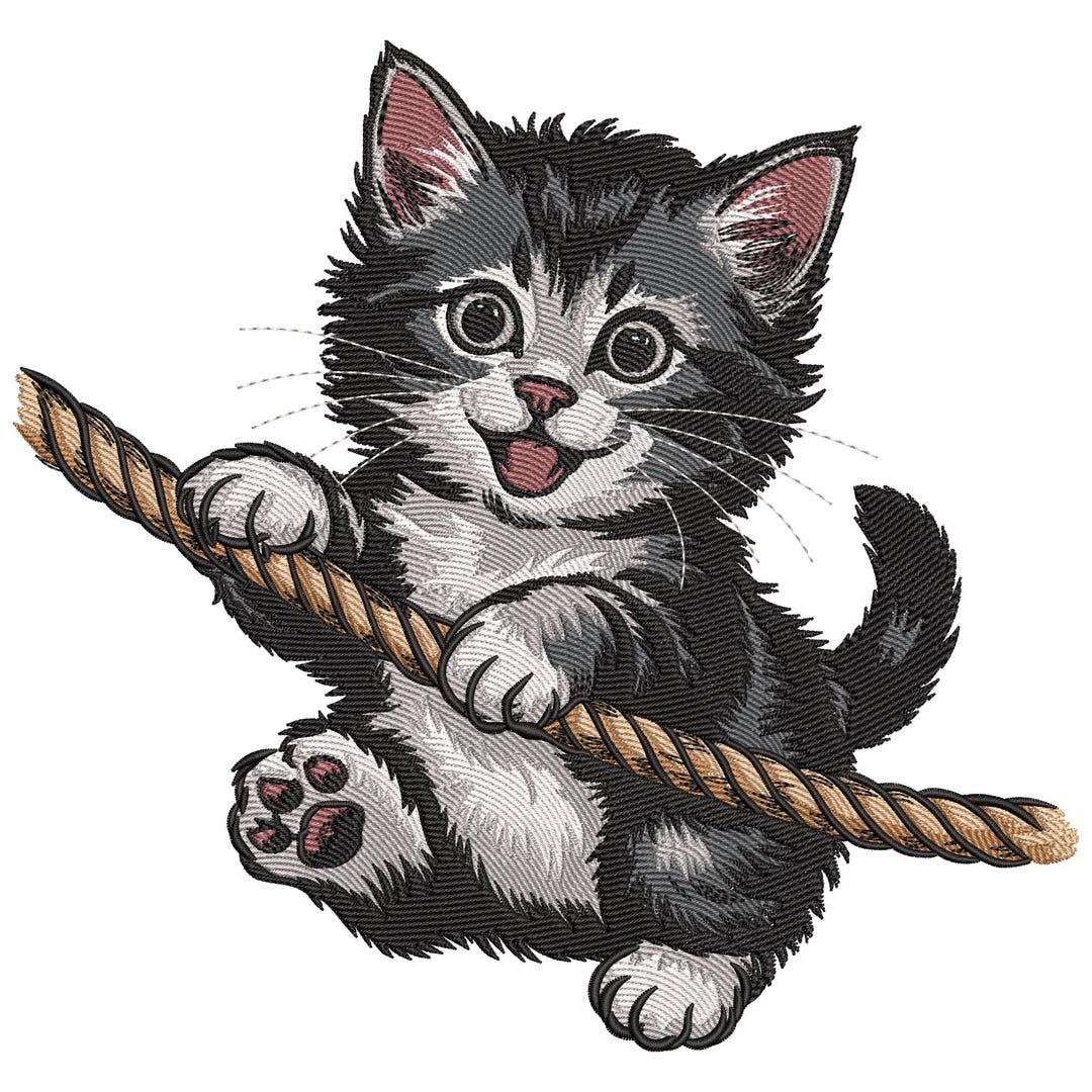 Kitten Hanging on Rope Embroidery Design, Playful Kitty Machine ...
