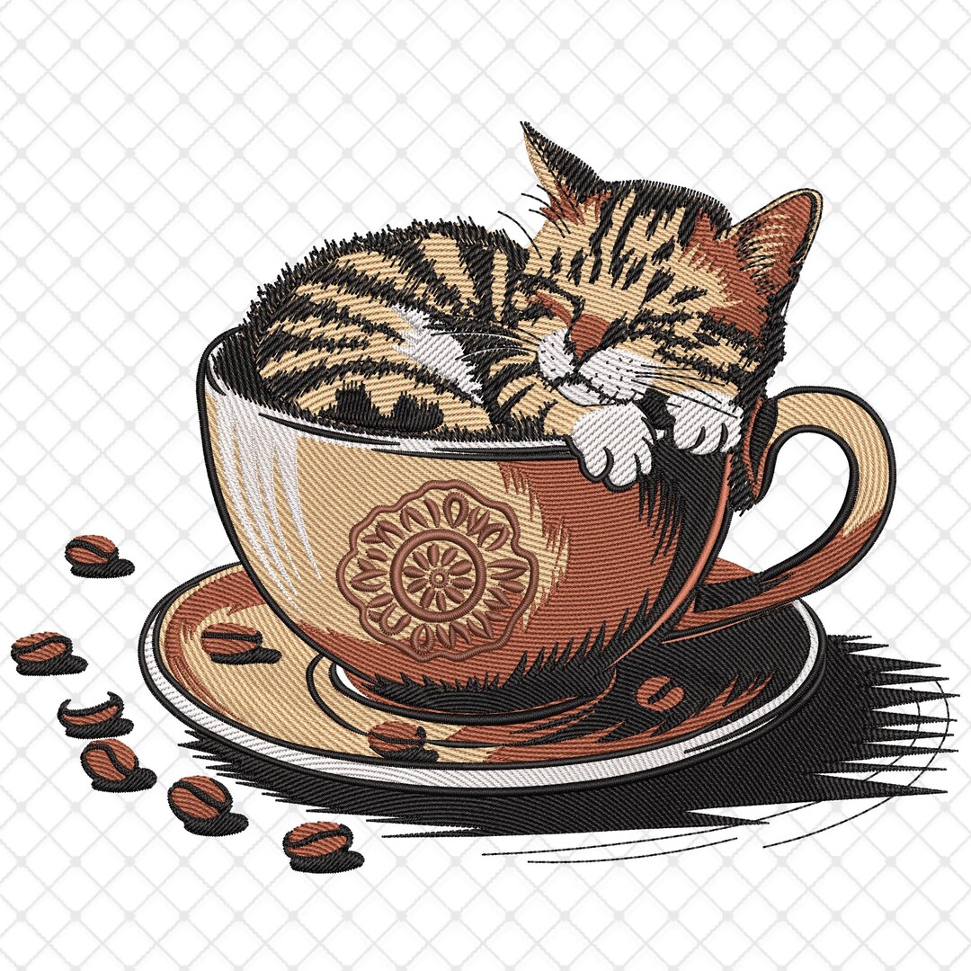 Cat in Cup Embroidery Design, Christmas Cat in Coffee Cup Machine ...
