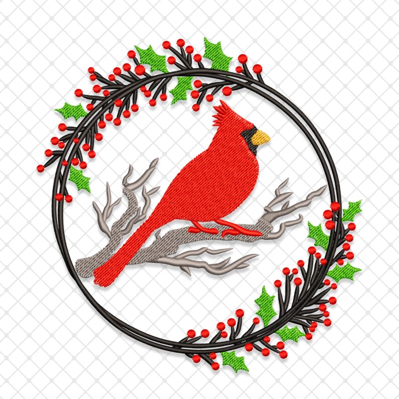 Cardinal Embroidery Design, Festive Wreath Bird Embroidery Design ...