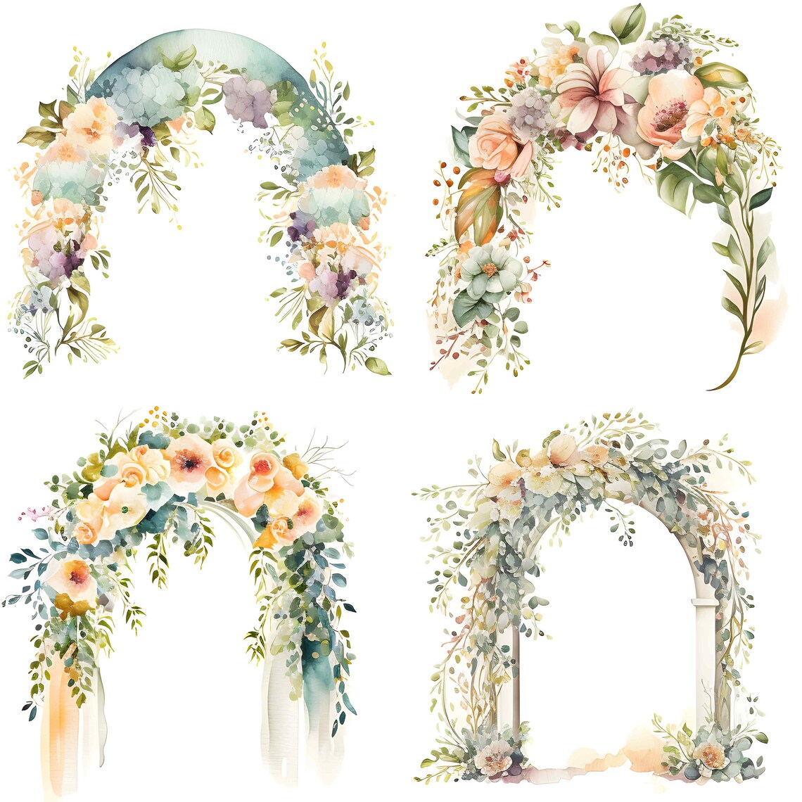 Watercolor Golden Wedding Floral Arches Clipart Set Decorative White ...
