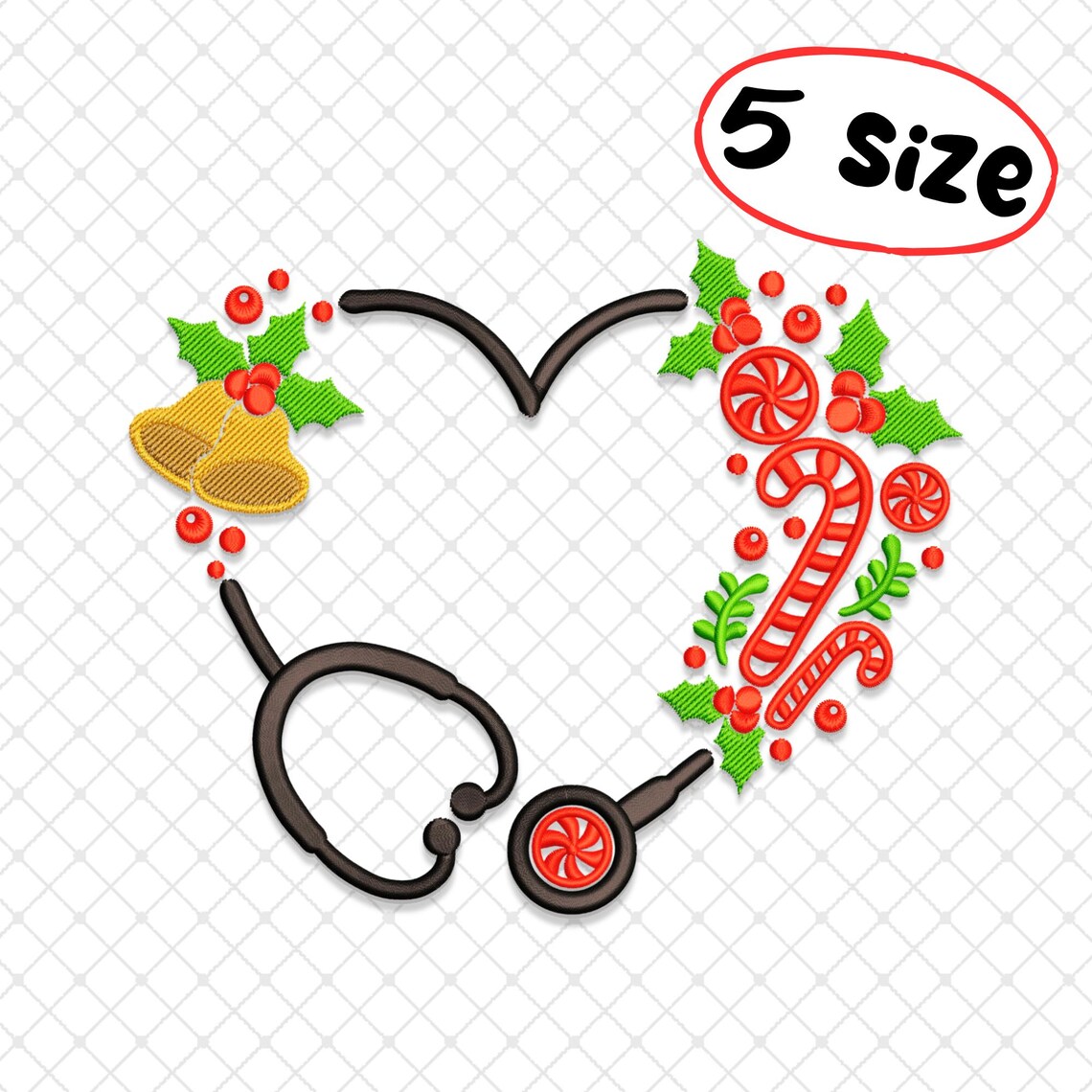 Christmas Nurse Stethoscope Embroidery Design Heart Shape With Bells ...