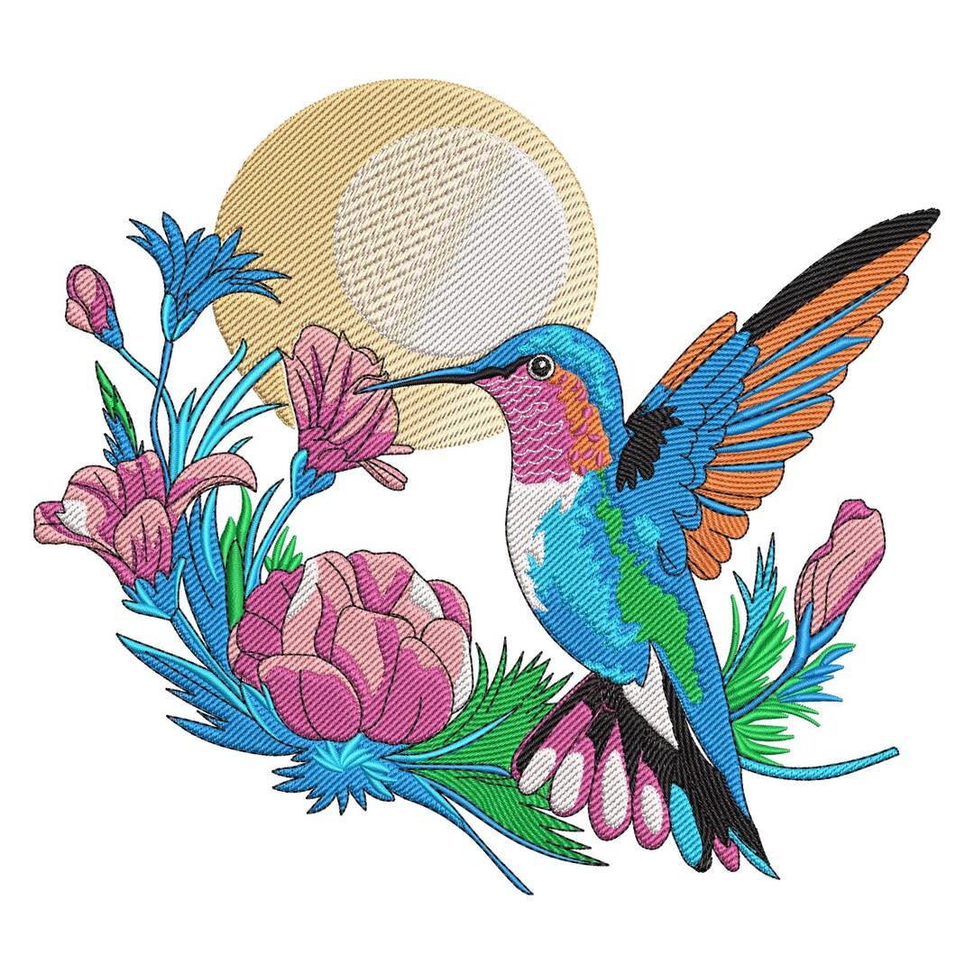 Colorful Hummingbird With Flowers Embroidery Design, Hummingbird ...