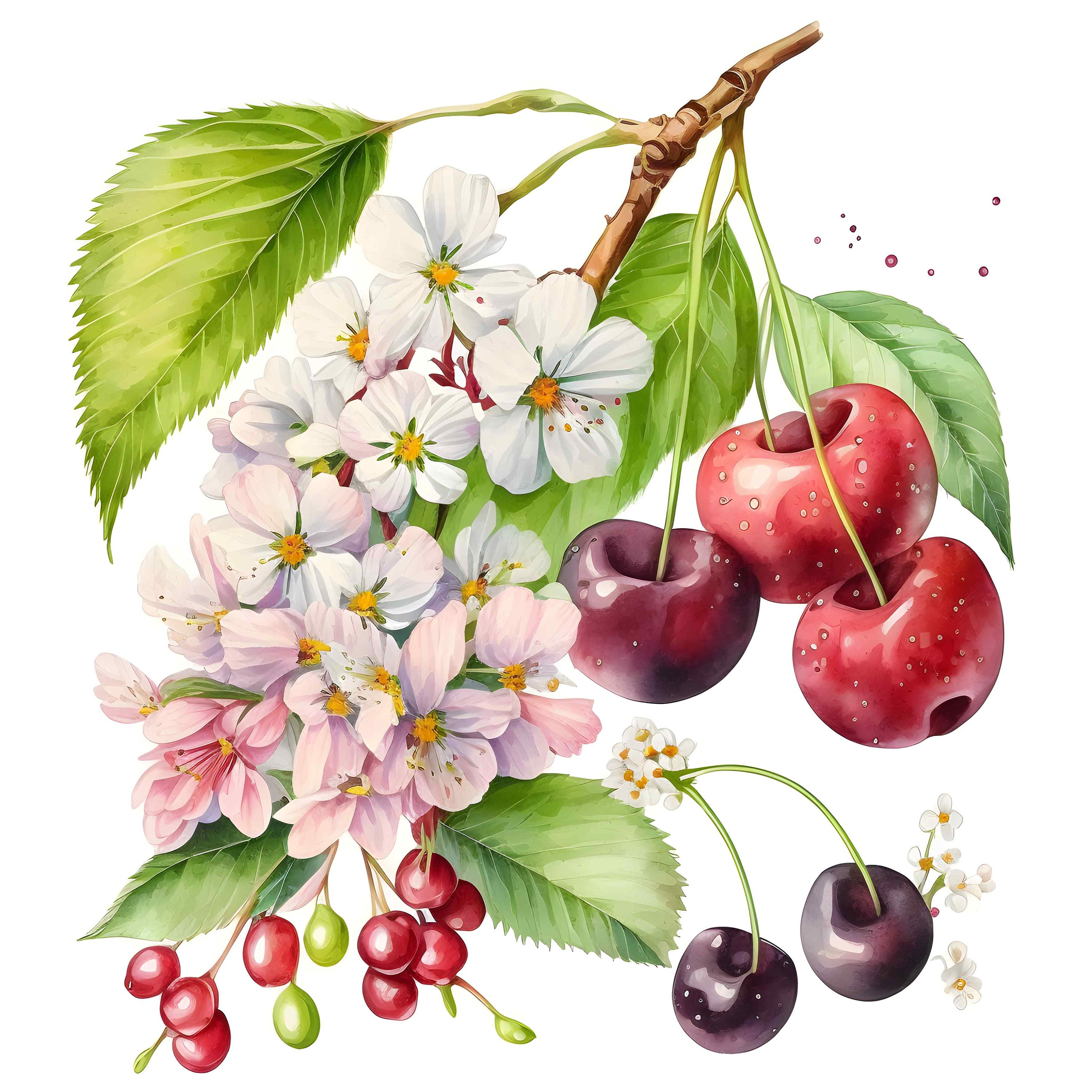 Watercolor Cherry Blossom Clipart, Summer Fruits Clipart, Spring Cherry ...