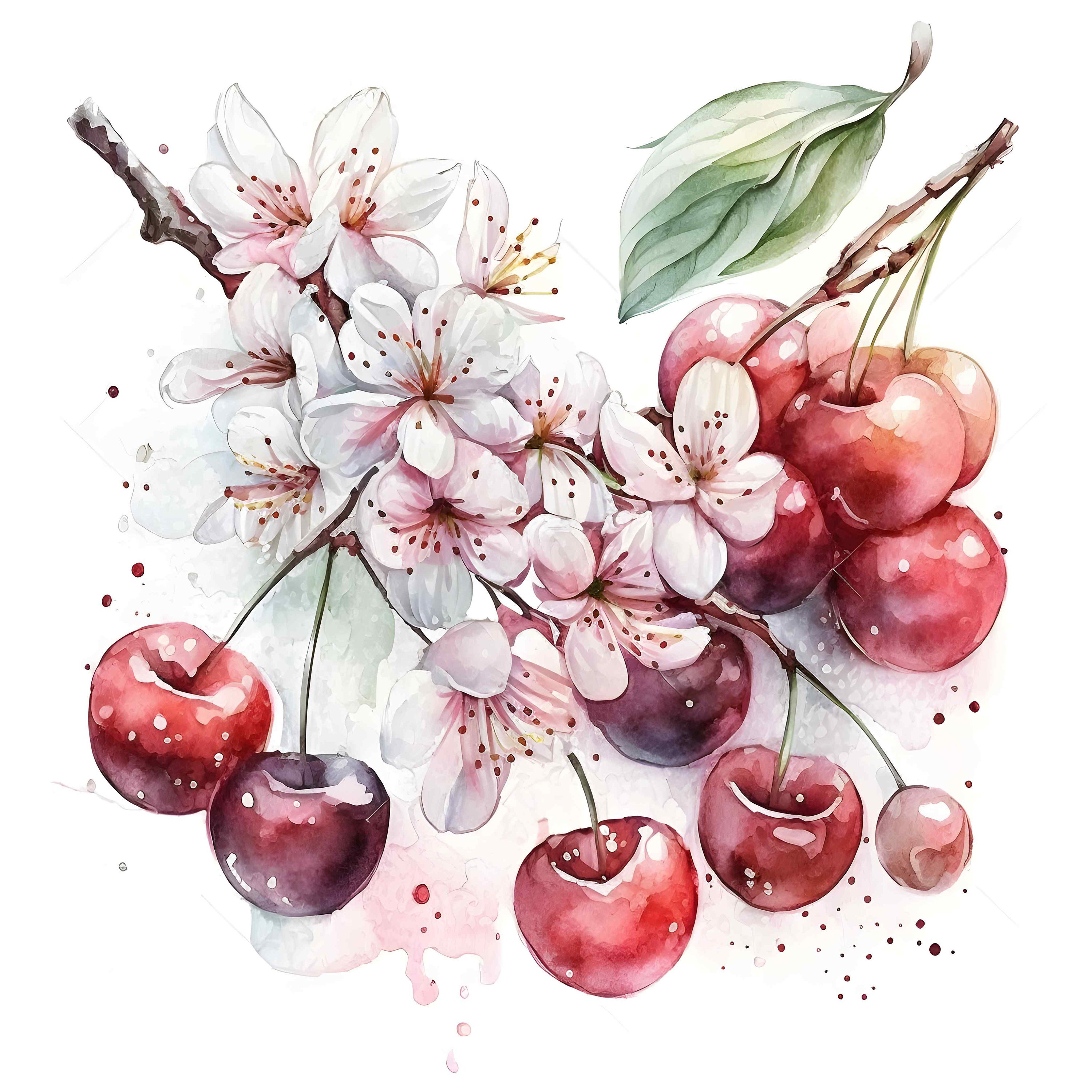 Watercolor Cherry Blossom Clipart, Summer Fruits Clipart, Spring Cherry ...