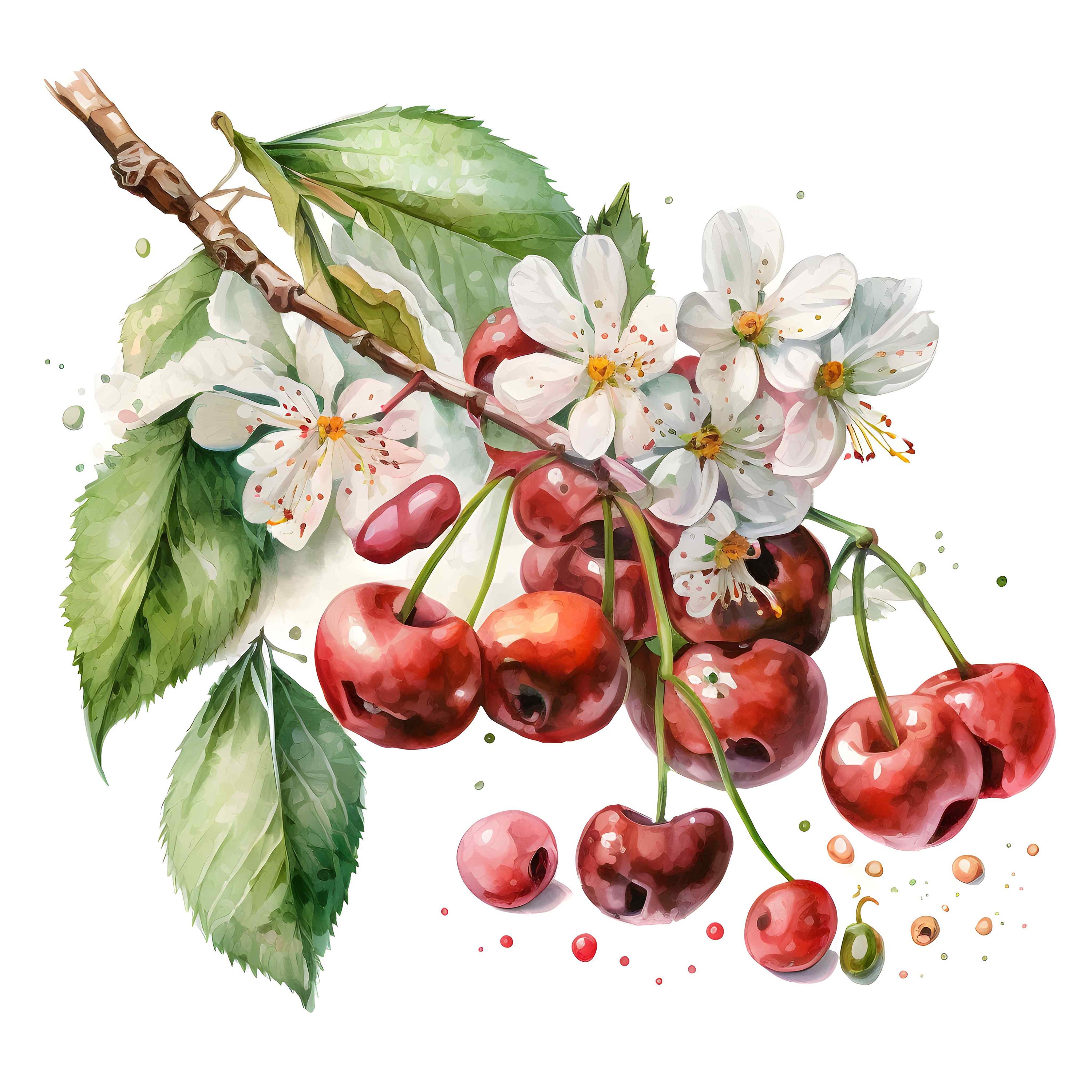Watercolor Cherry Blossom Clipart, Summer Fruits Clipart, Spring Cherry ...