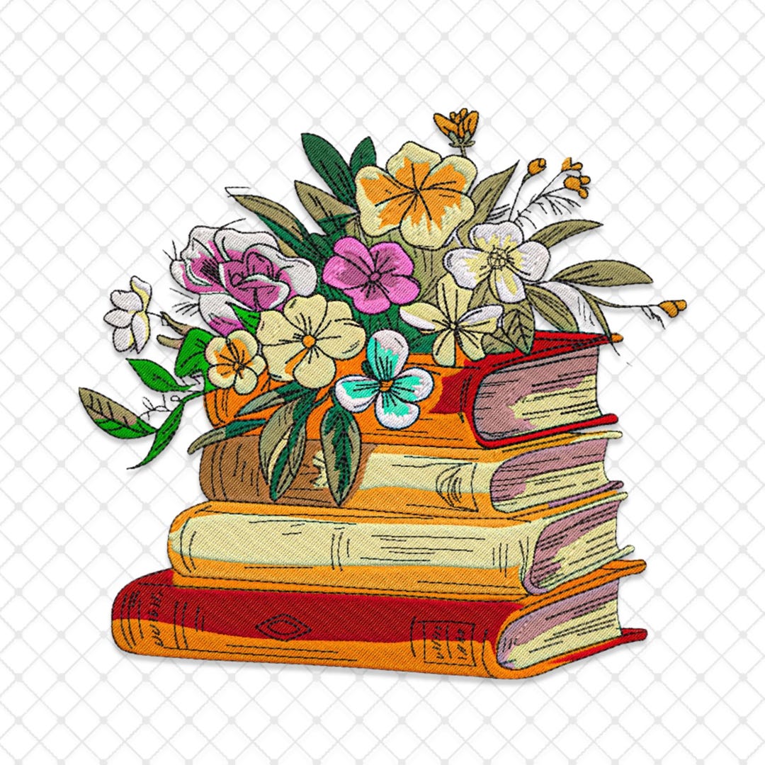 Vintage Floral Book Stack Embroidery Design, Classic Books Machine Embroidery File, Floral Books ...