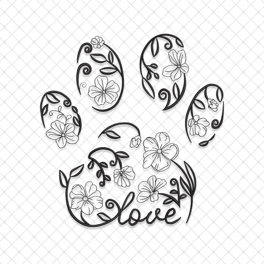 Love Paw Print Embroidery Design, Floral Paw Print Machine Embroidery ...
