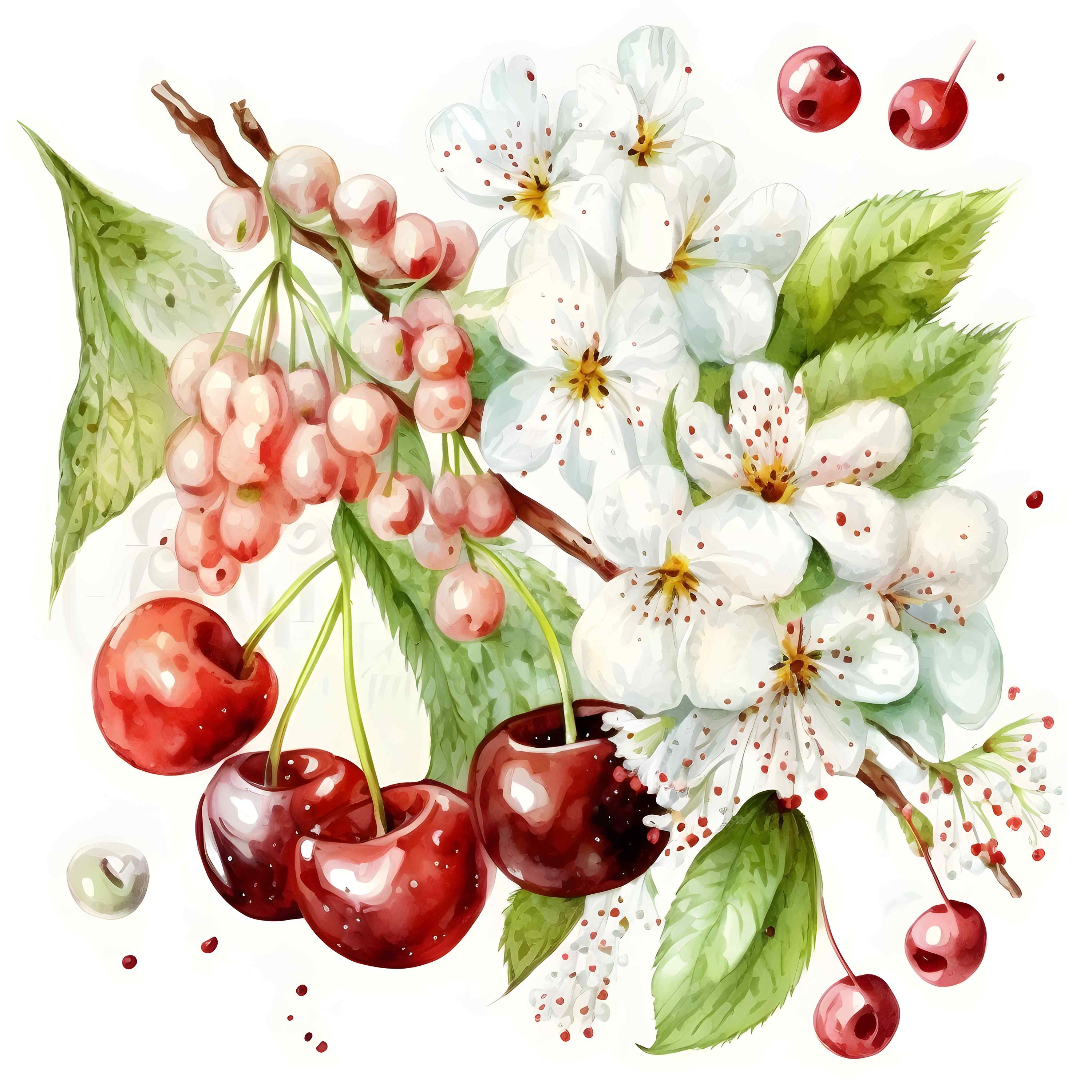 Watercolor Cherry Blossom Clipart, Summer Fruits Clipart, Spring Cherry ...