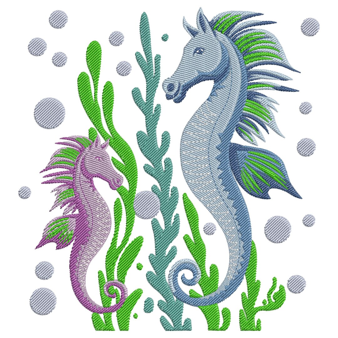 Seahorse and Seaweed Embroidery Design, Sea Animal Machine Embroidery ...