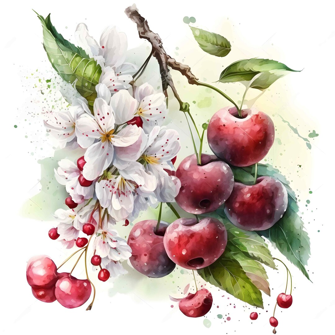 Watercolor Cherry Blossom Clipart, Summer Fruits Clipart, Spring Cherry ...