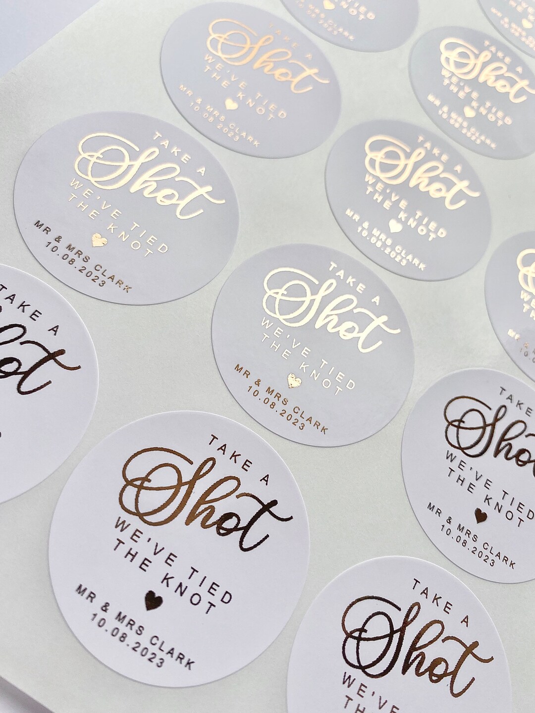 Custom Foil Wedding Favour Stickers: Take A Shot, We've Tied the Knot ...
