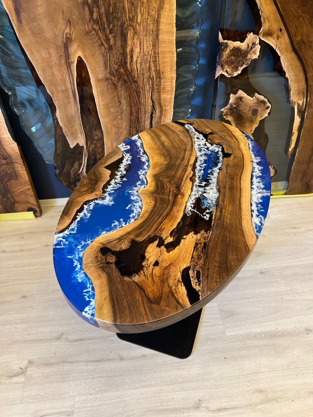 Custom Oval Ocean Epoxy Dining Table: Live Edge Walnut Wood - Etsy