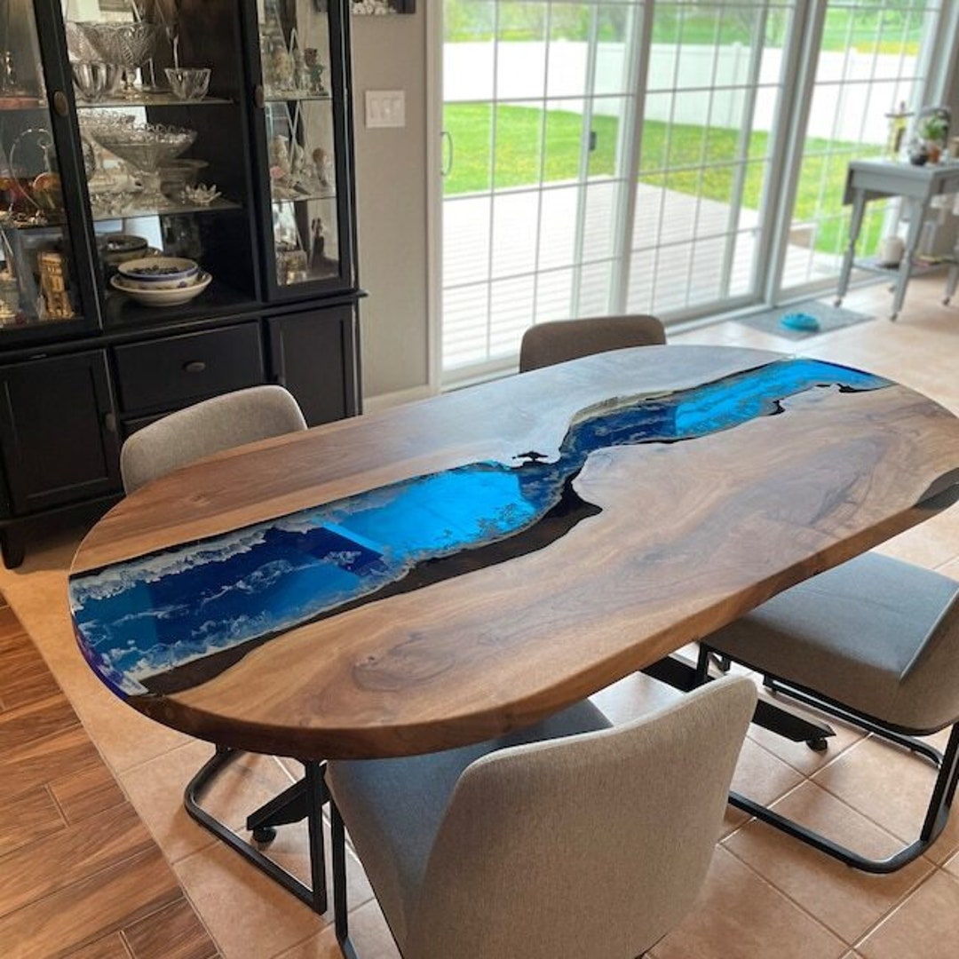 Wood and Epoxy Resin Table, Oval Walnut Dining Table, Ocean Table, Live ...