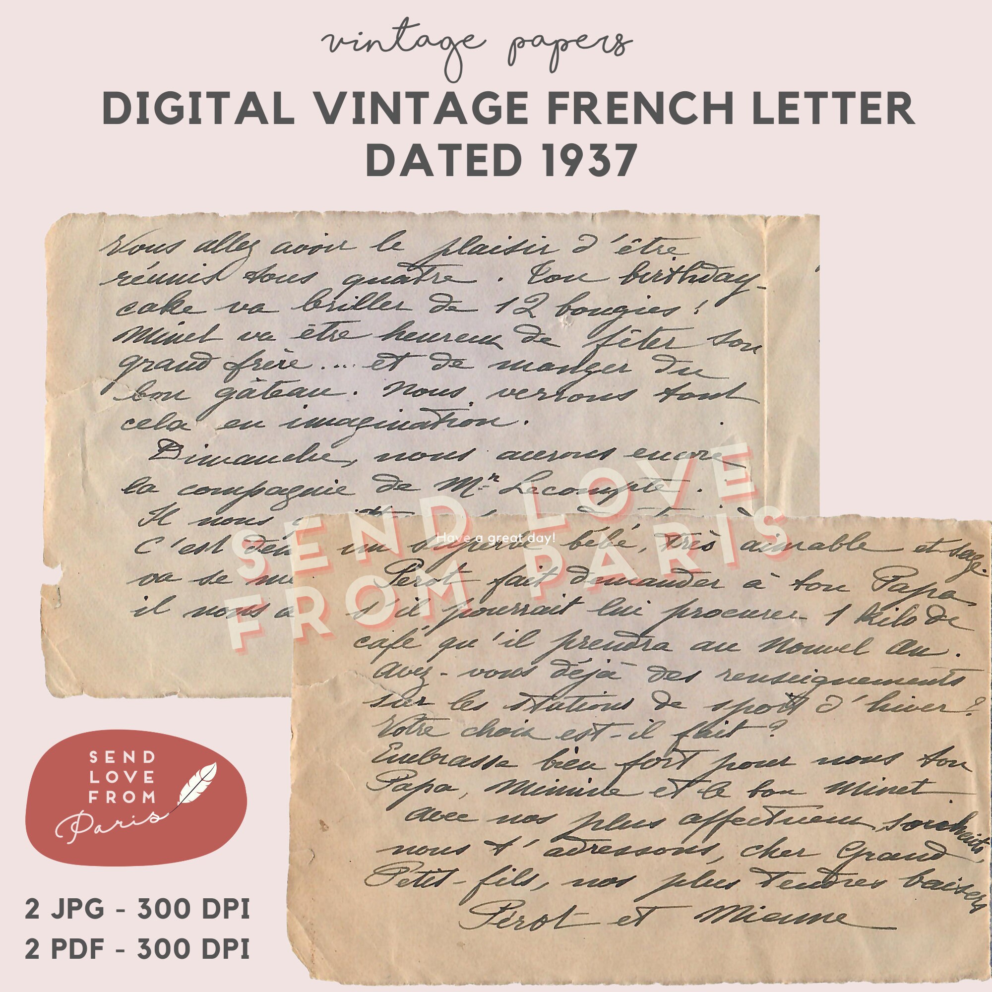 DIGITAL FRENCH AUTHENTIC Letter, Dated 1937, Ephemera Paper ...