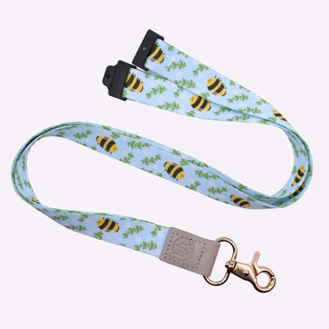 Bees Lanyard | Blue Plant Pattern Fabric Lanyard With Lobster Clasp ...