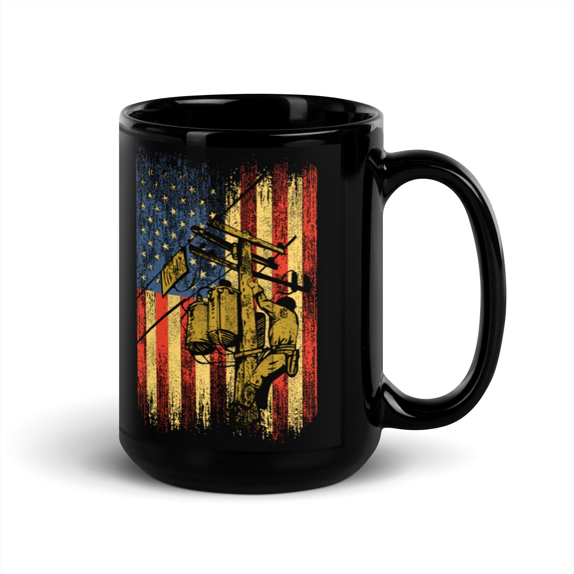 Lineman American Flag Mug, Lineman Gift, Lineman Cup, Coffee Mug, Black ...