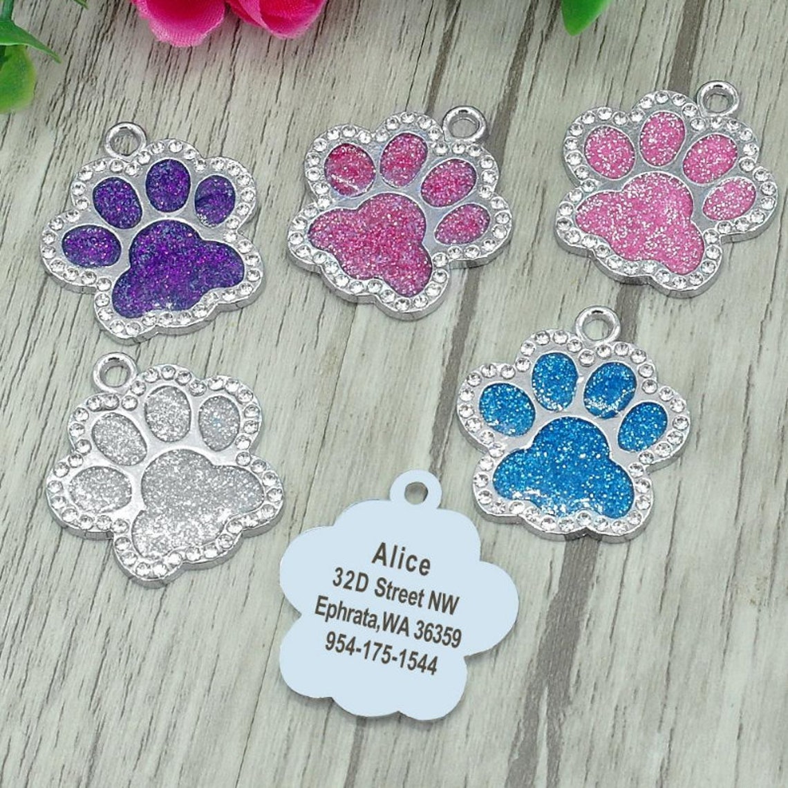 Rhinestonepersonalized Paw Dog Cat Name Tag Custom Engraved | Etsy
