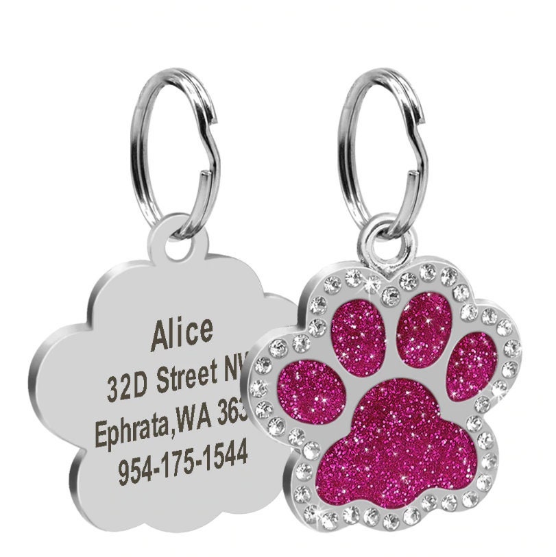 Rhinestonepersonalized Paw Dog Cat Name Tag Custom Engraved | Etsy