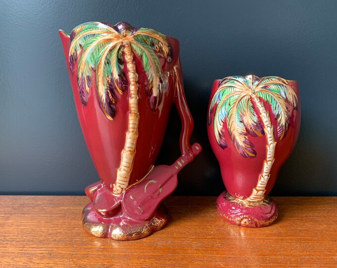 Art Deco Beswick Ware Palm Tree Jug & Vase Set - Burgundy Vases (ref ...