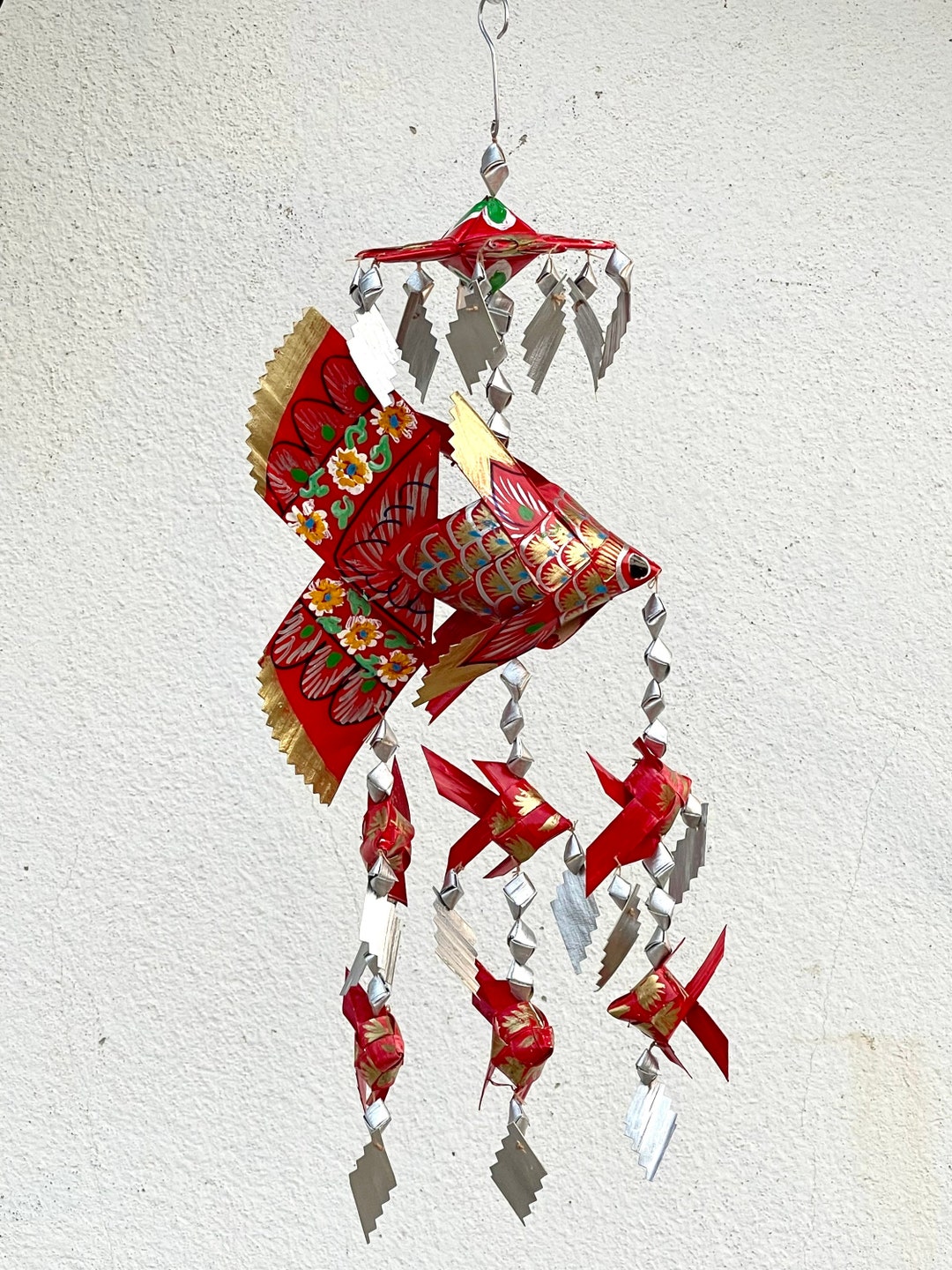 Mini Red Thai Woven Fish Mobile Made From Palm Leaf With Colorful ...
