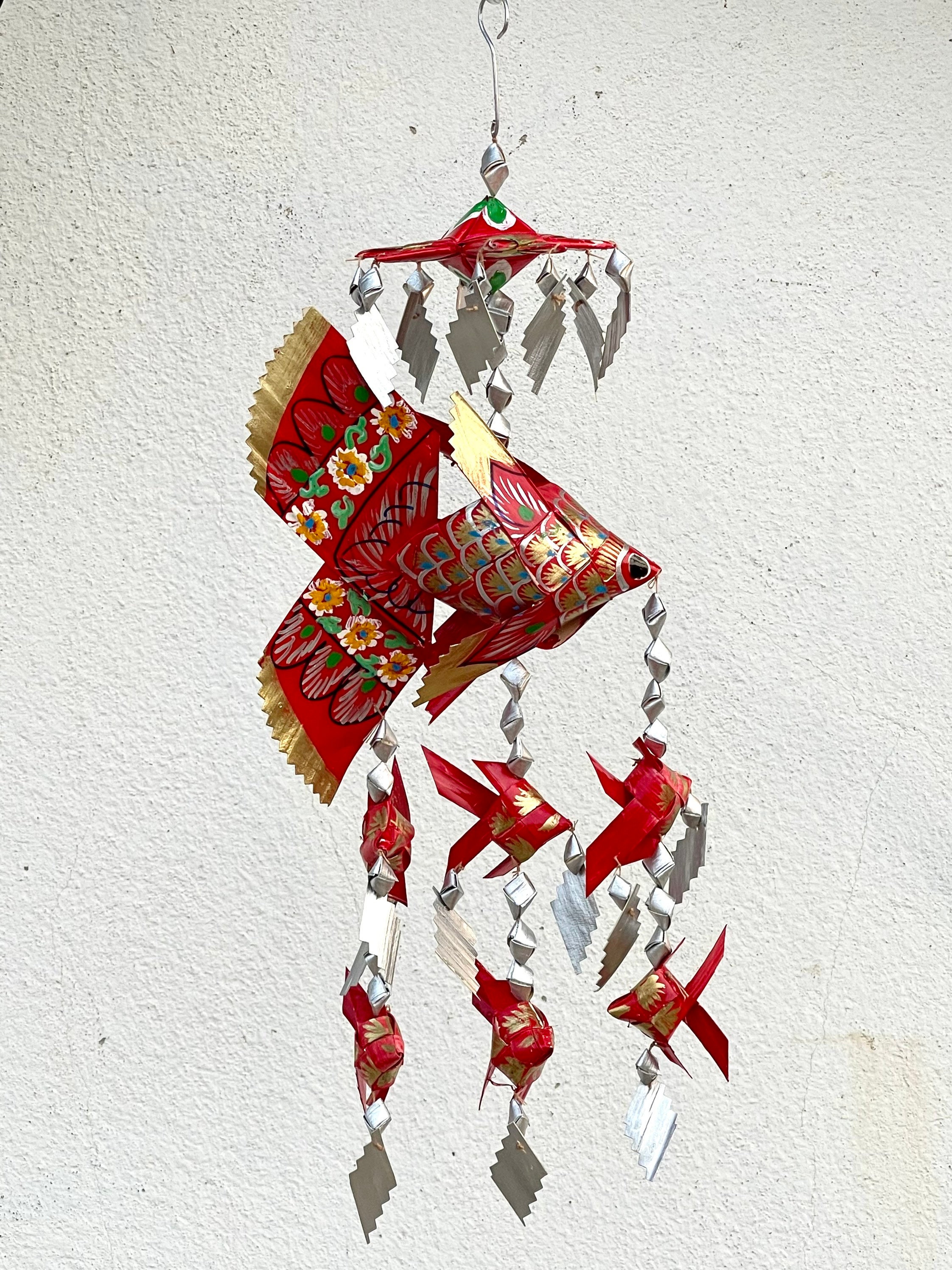 Mini Red Thai Woven Fish Mobile Made From Palm Leaf With Colorful ...
