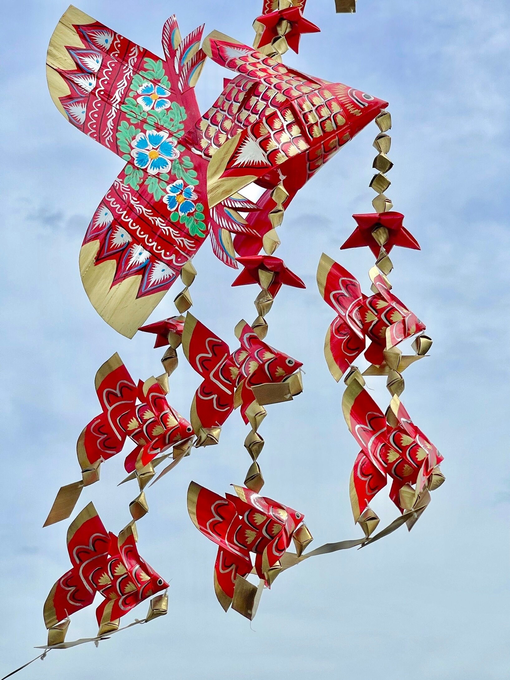 Red Mobile Weaving Palm Leaf Fish With Green and White and Gold Pattern ...