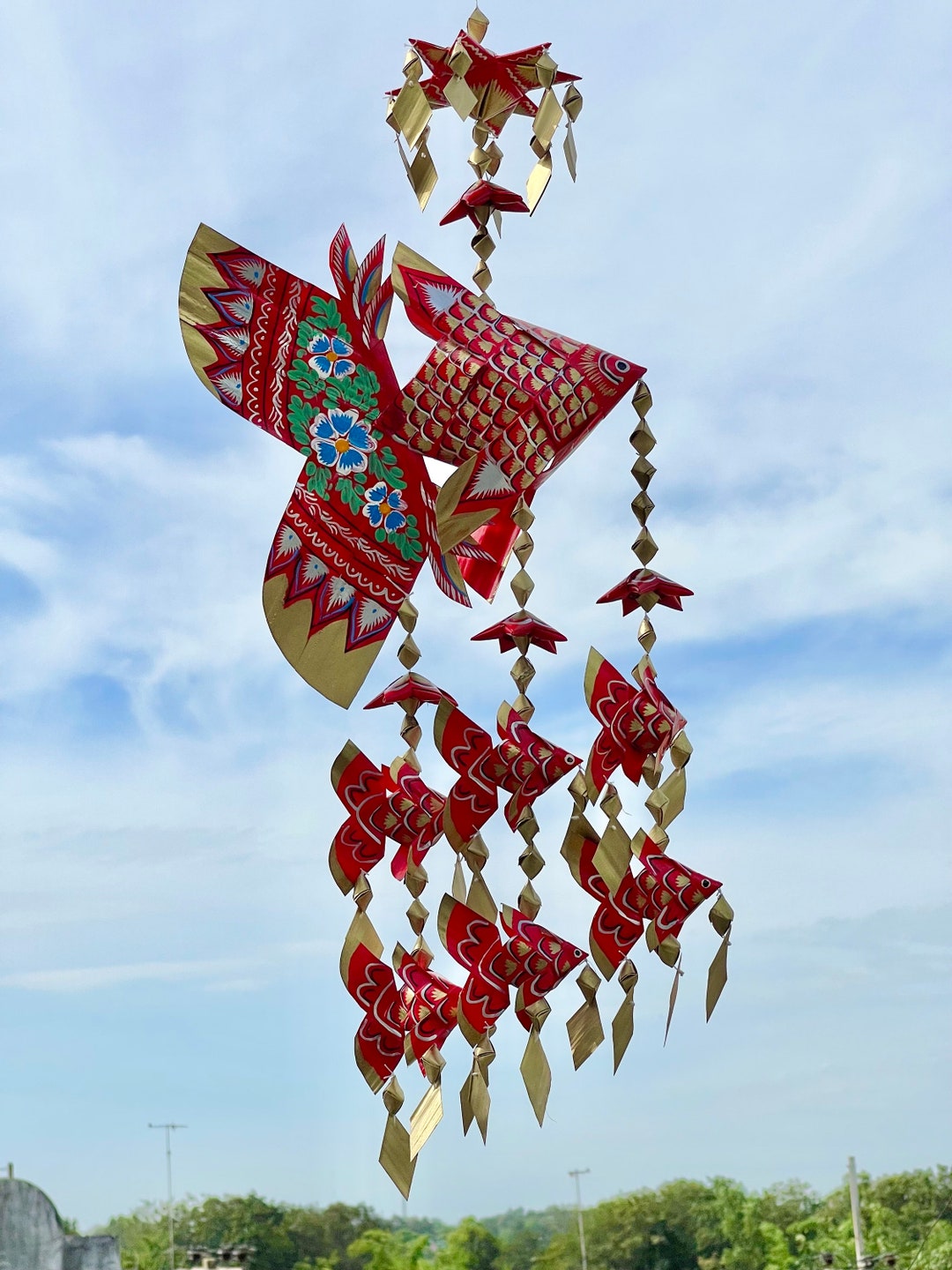 Red Mobile Weaving Palm Leaf Fish With Green and White and Gold Pattern ...