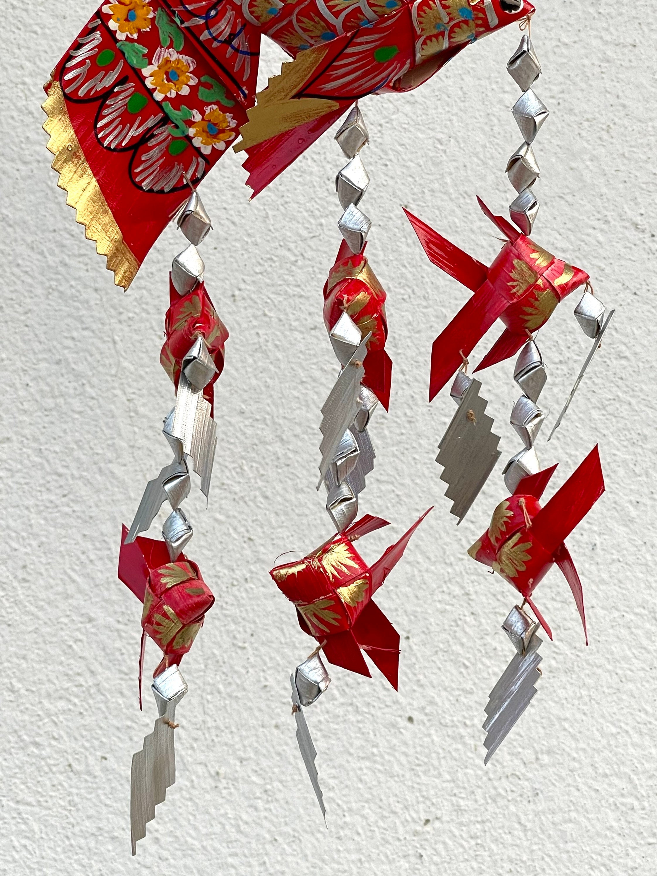 Mini Red Thai Woven Fish Mobile Made From Palm Leaf With Colorful ...