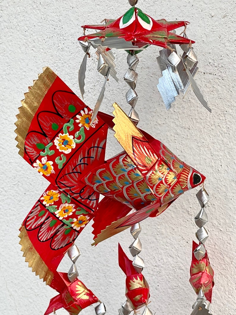 Mini Red Thai Woven Fish Mobile Made From Palm Leaf With Colorful ...