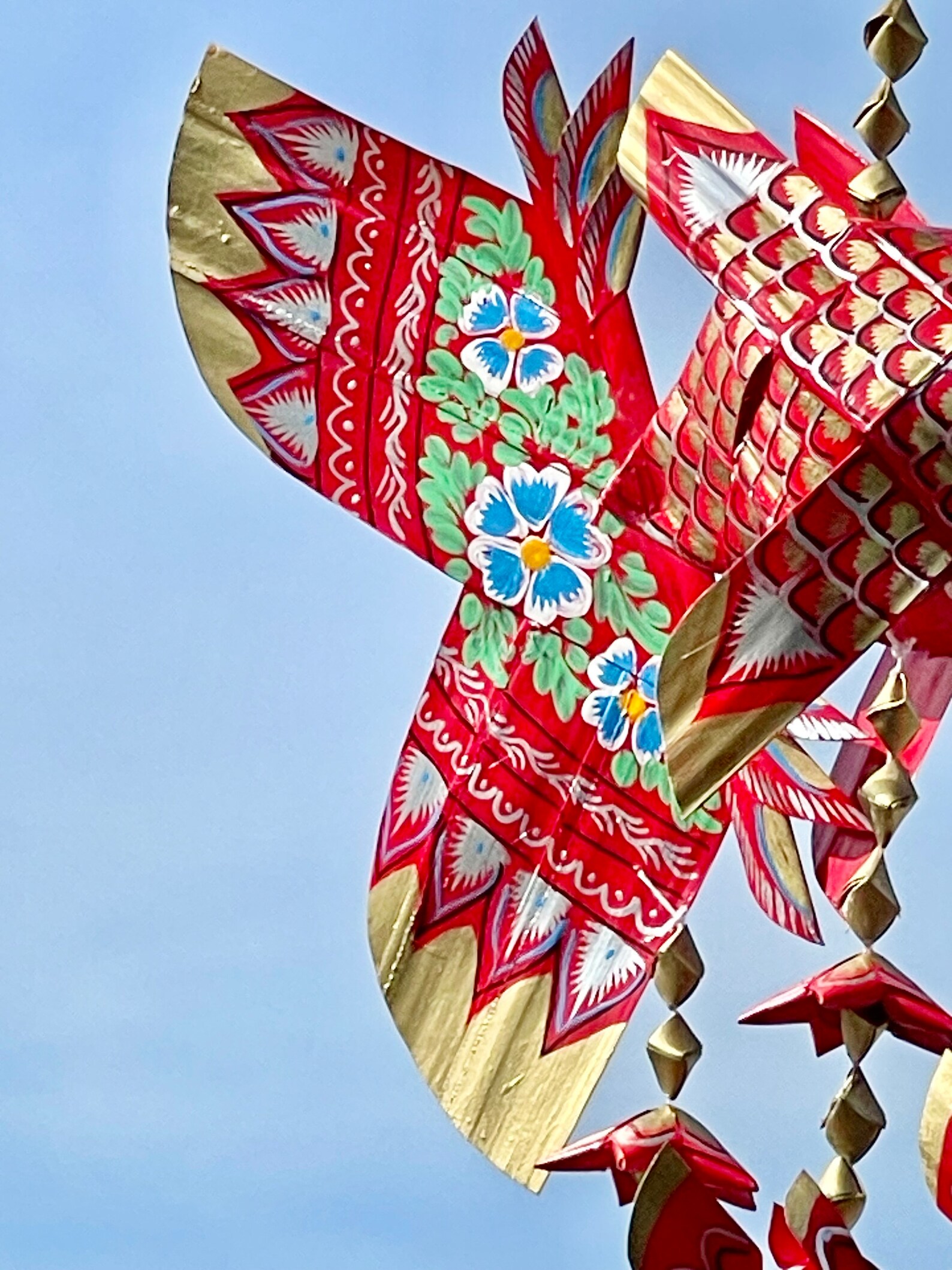 Red Mobile Weaving Palm Leaf Fish With Green and White and Gold Pattern ...