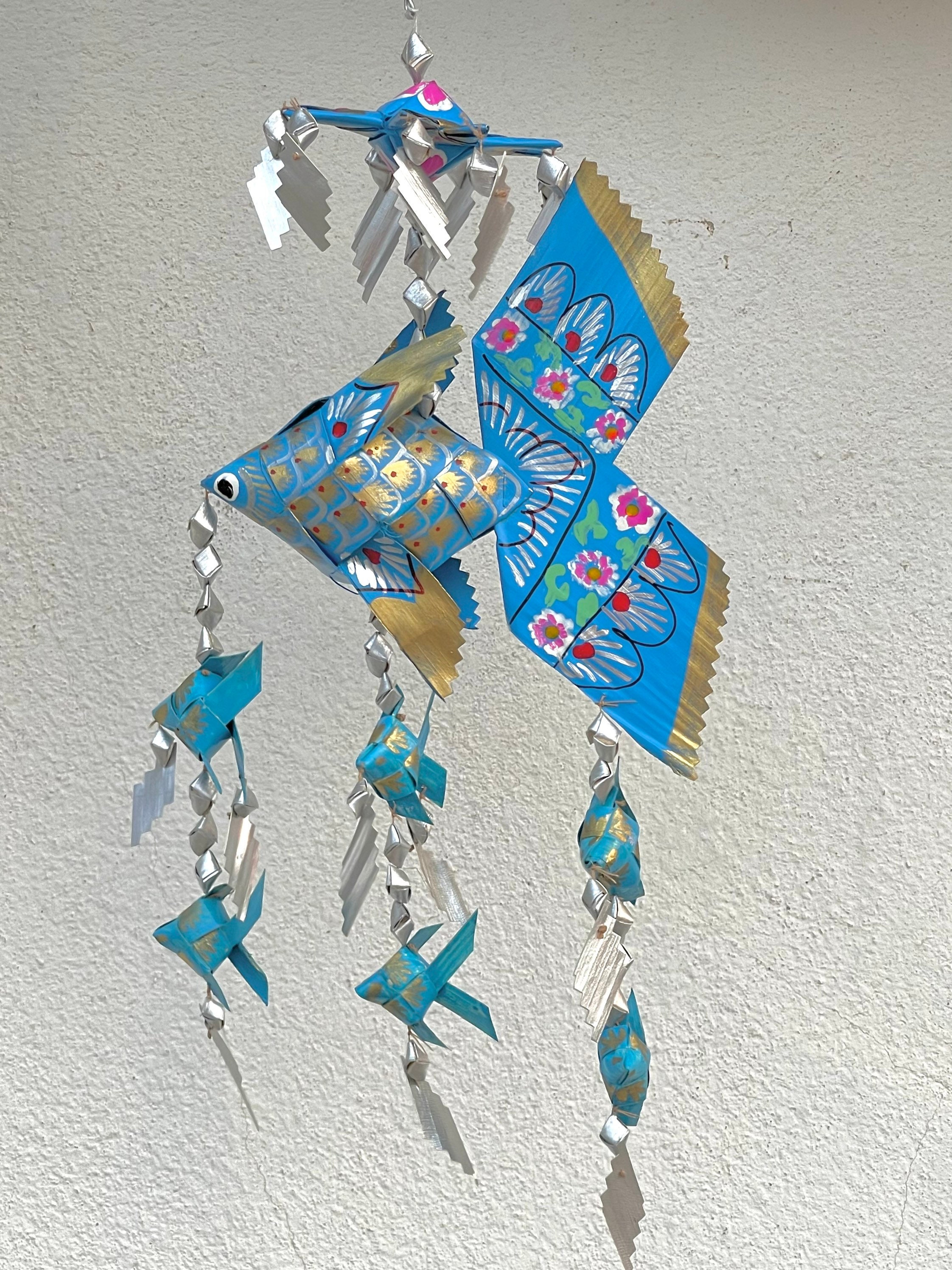 Mini Red Thai Woven Fish Mobile Made From Palm Leaf With Colorful ...