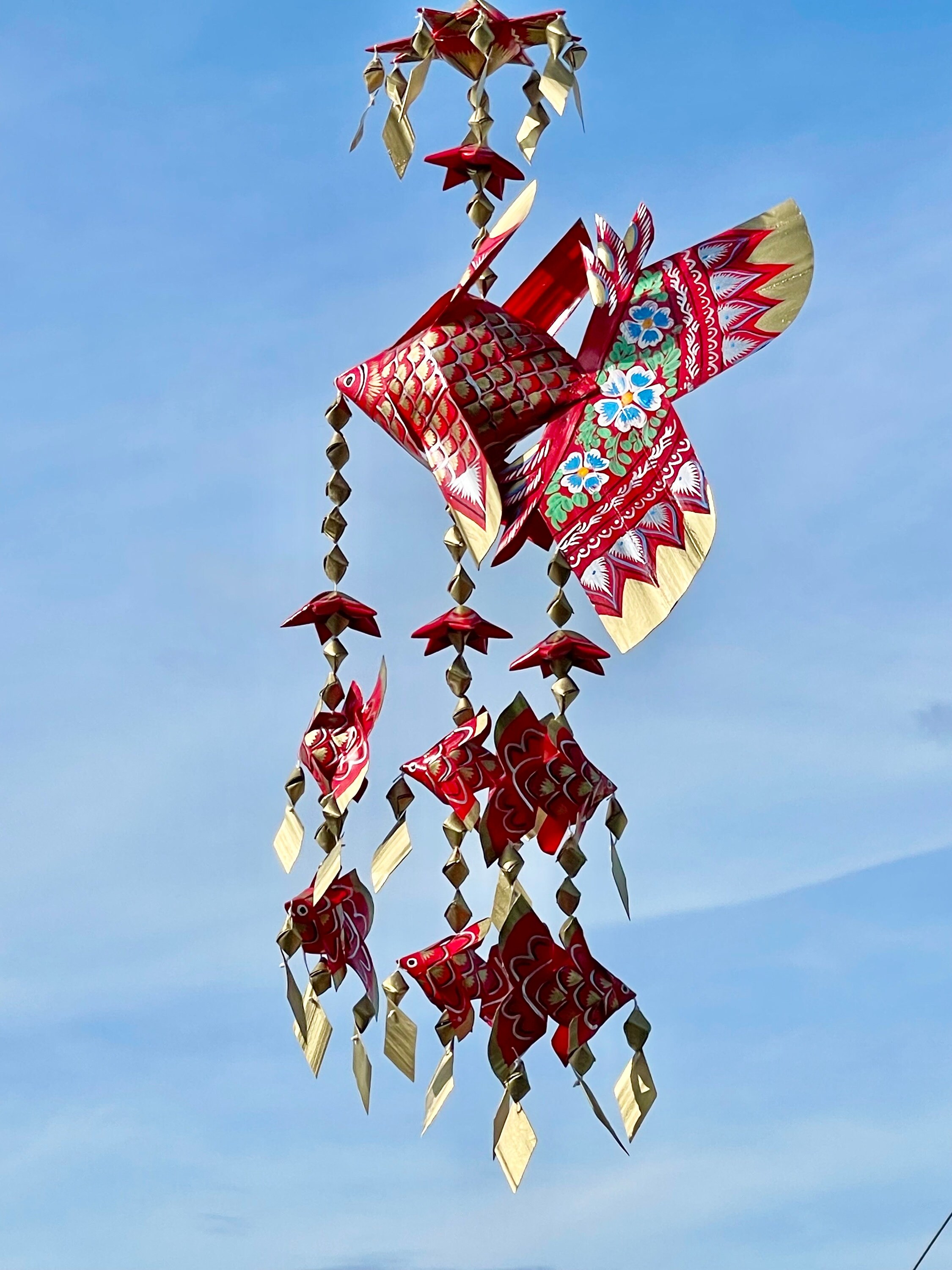 Red Mobile Weaving Palm Leaf Fish With Green and White and Gold Pattern ...
