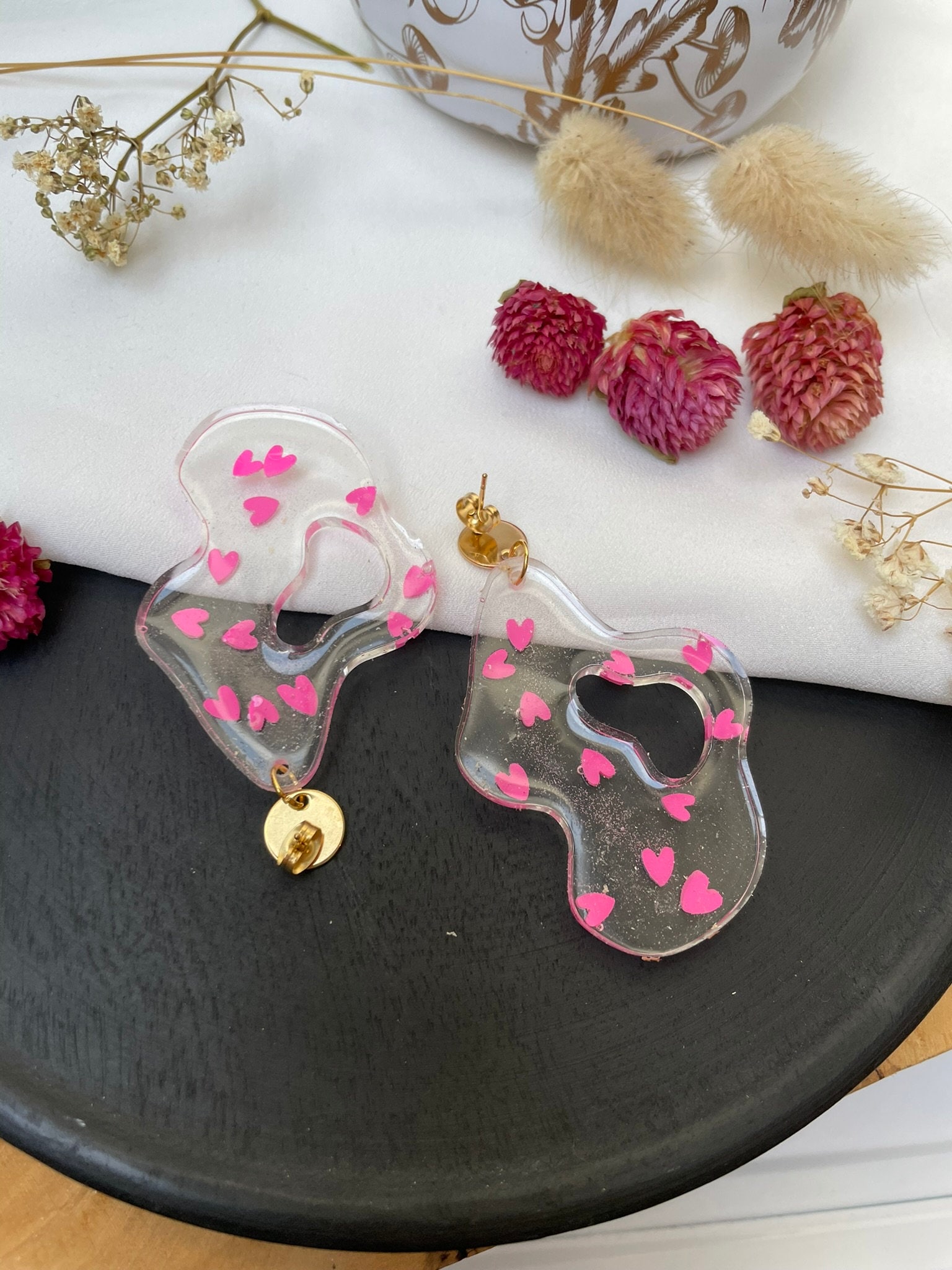Earrings in Transparent Resin Including Pink Hearts, Golden Brass Studs ...