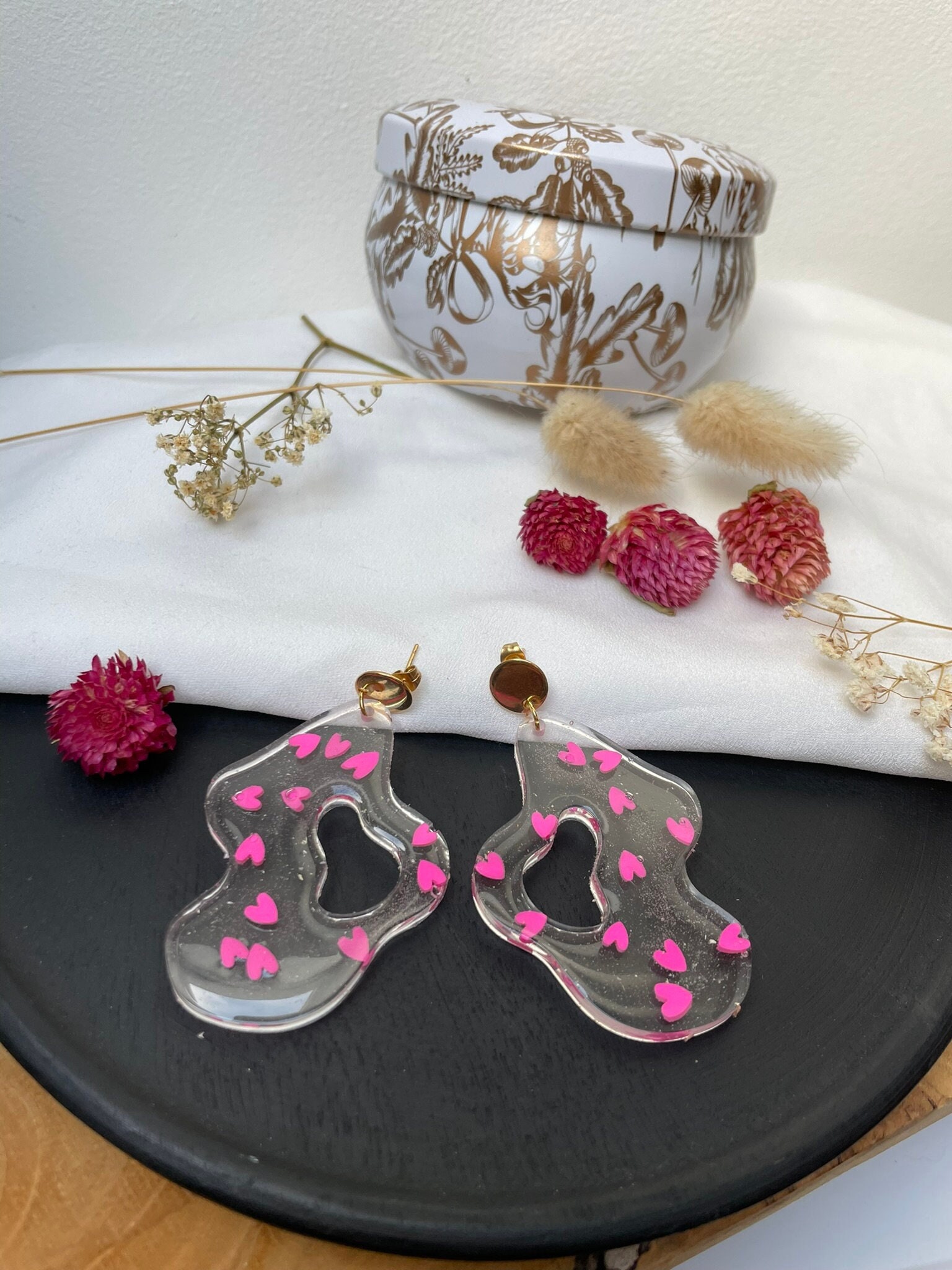 Earrings in Transparent Resin Including Pink Hearts, Golden Brass Studs ...