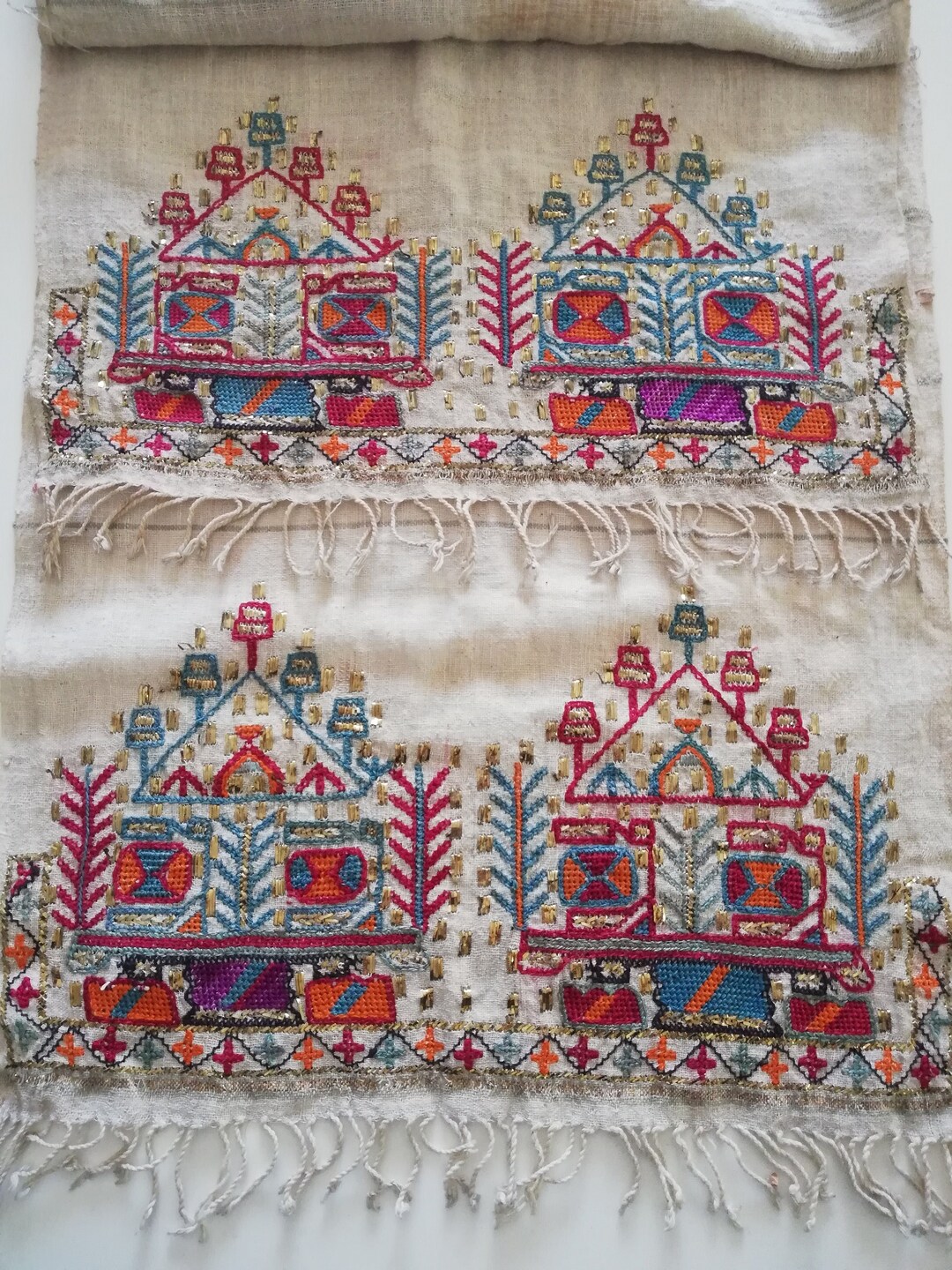 Mid Century Turkish Yaglik Textile: Handwoven Linen With Silk & Wire ...