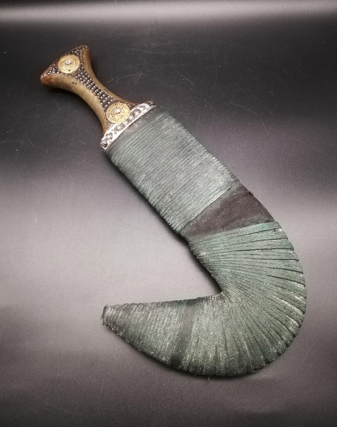 Mid Century Jambiya W/ Horn Handle & Leather Sheath Adorned W/ Woolen ...