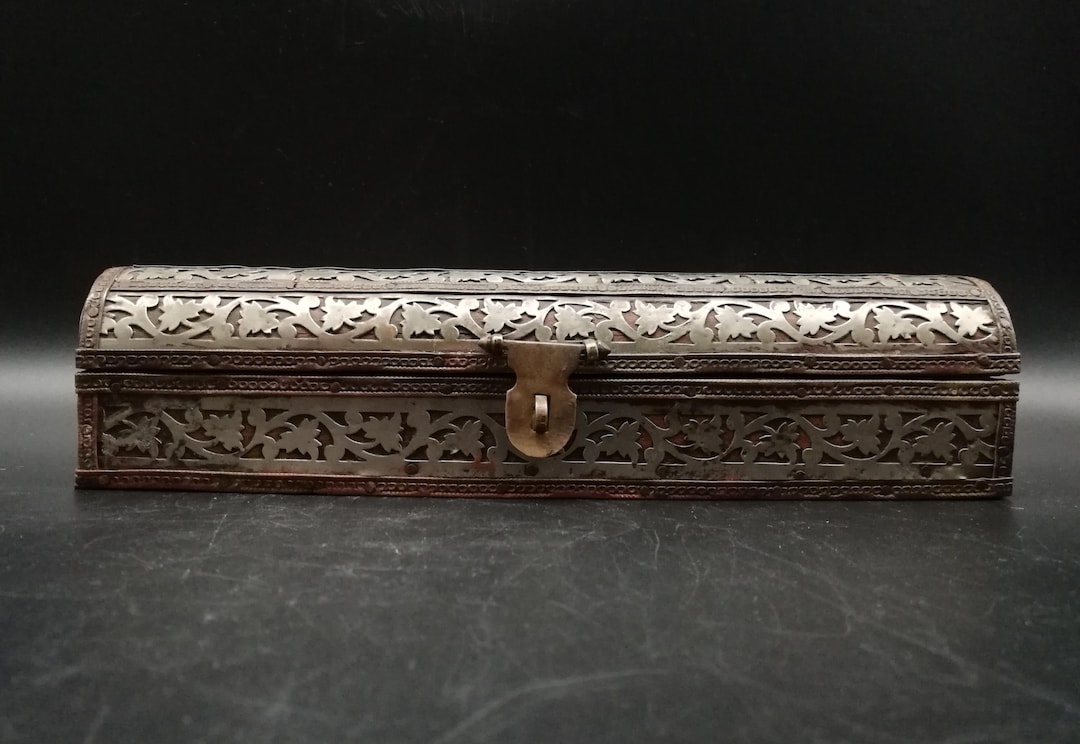 Mid Century Middle Eastern Wooden Box "qalamdan" With Hand Cut Brass ...