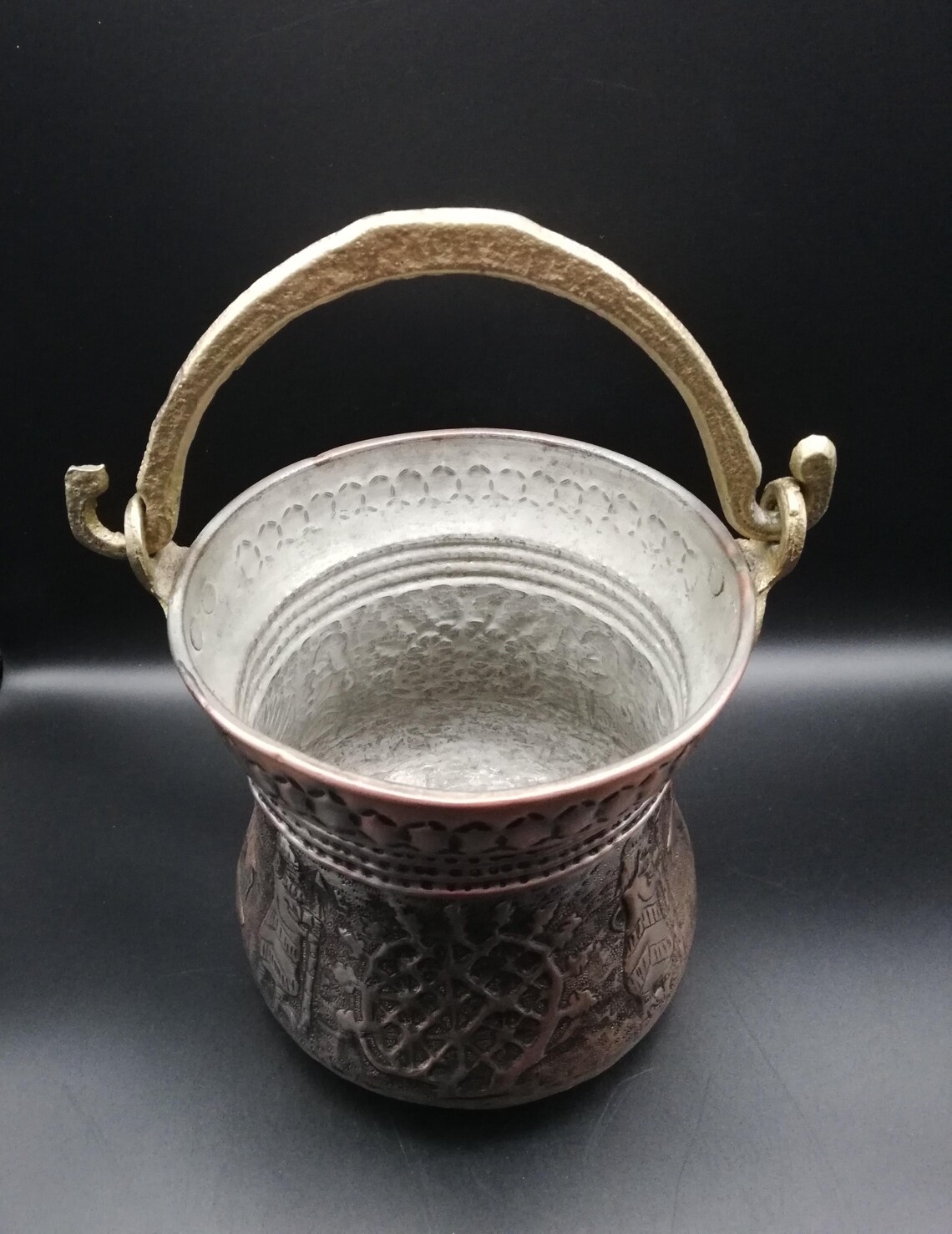 Turkish Hammered Copper Pot Bucket Embossed W/ Motives of Anatolian ...