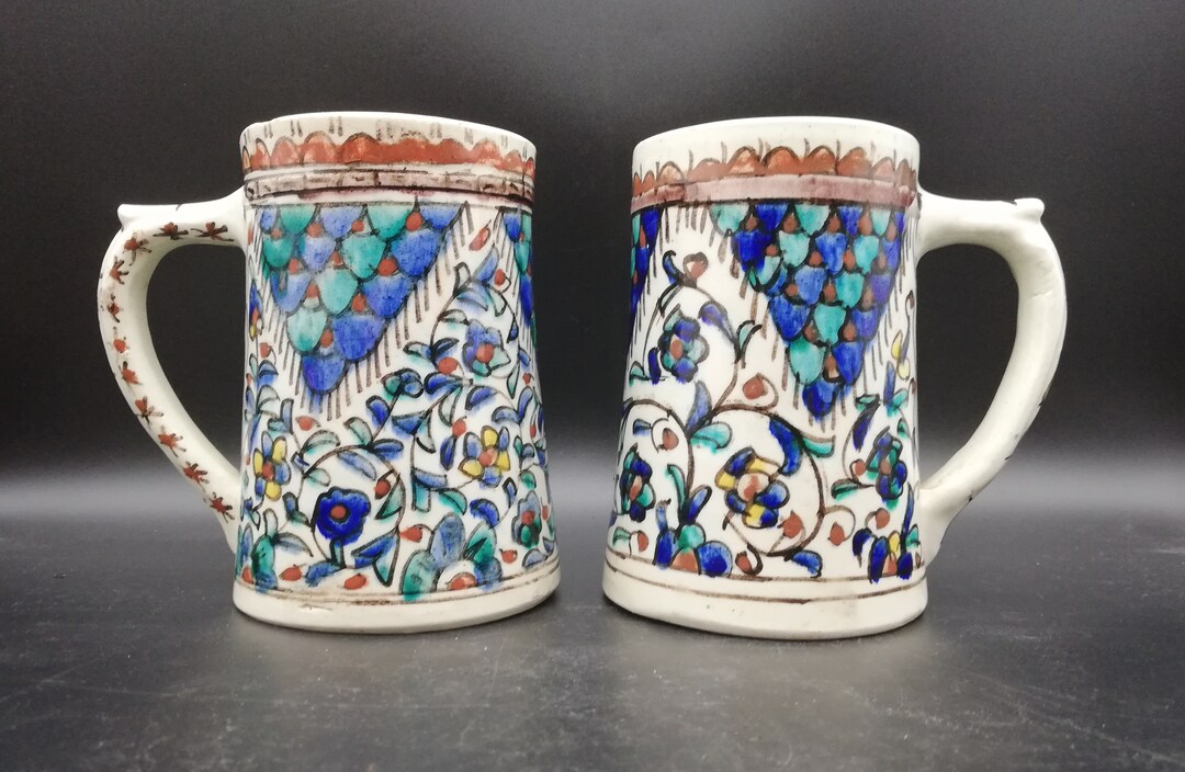 Mid Century, Turkish Pair of Kutahya Tankards / Mugs W/ Handpainted ...