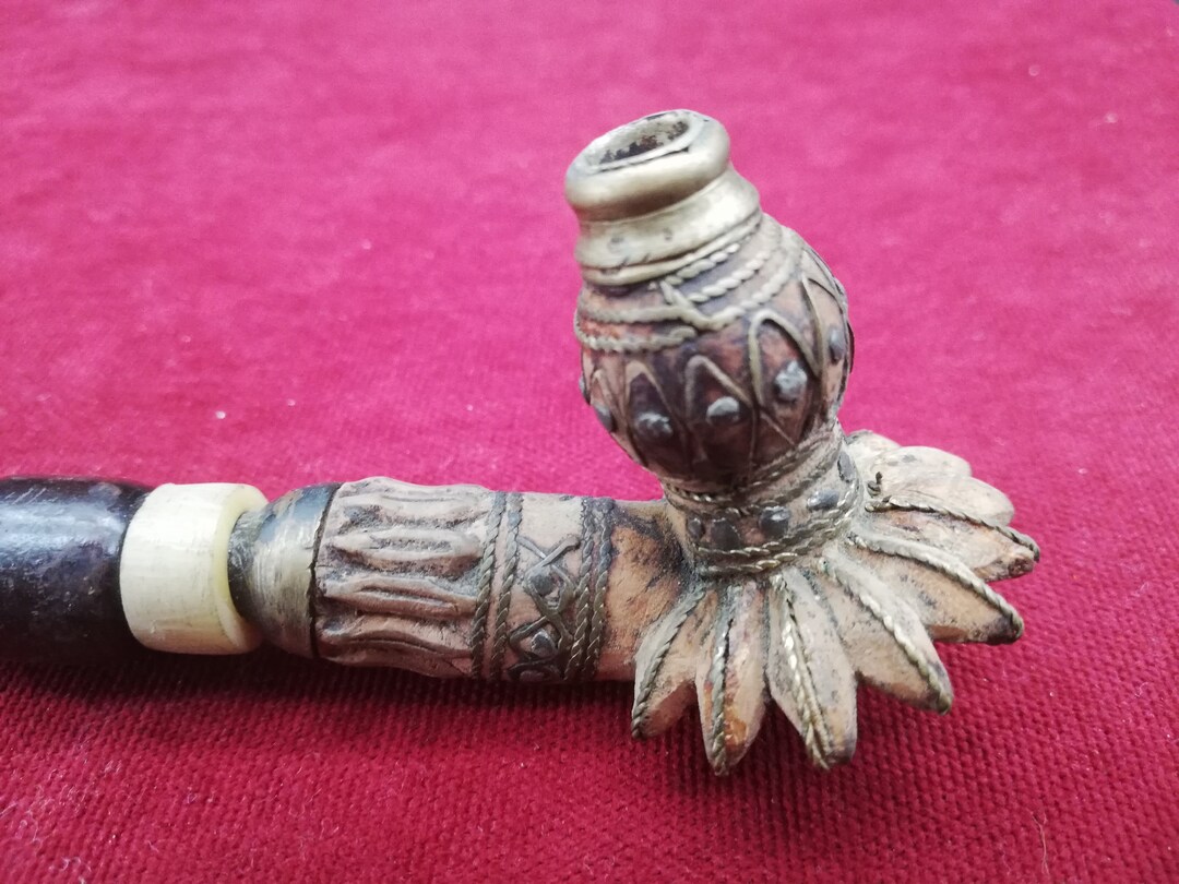 19th C., Ottoman Turkish Hand Carved Wooden Smoking Pipe chibouk W ...