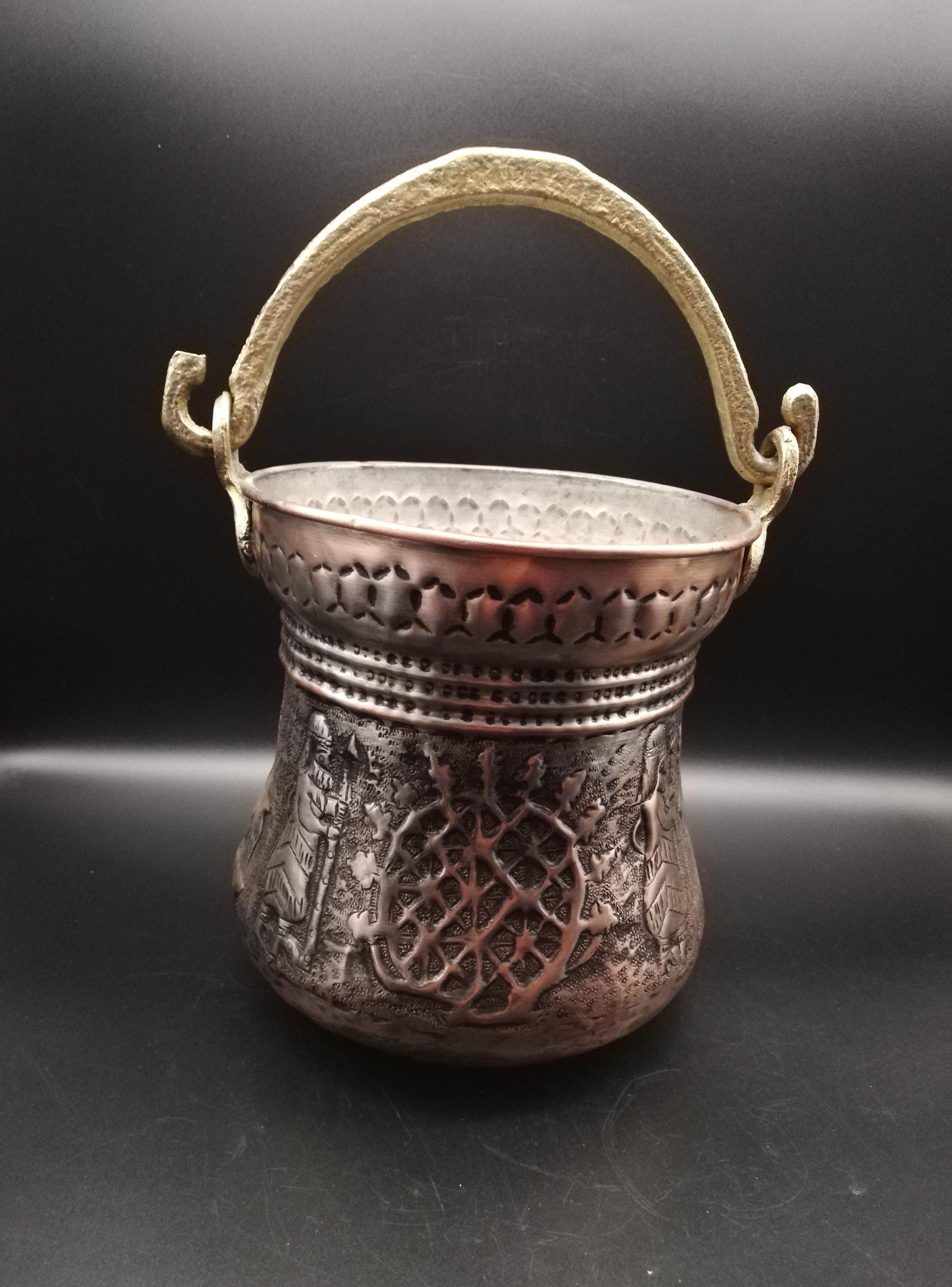 Turkish Hammered Copper Pot Bucket Embossed W/ Motives of Anatolian ...