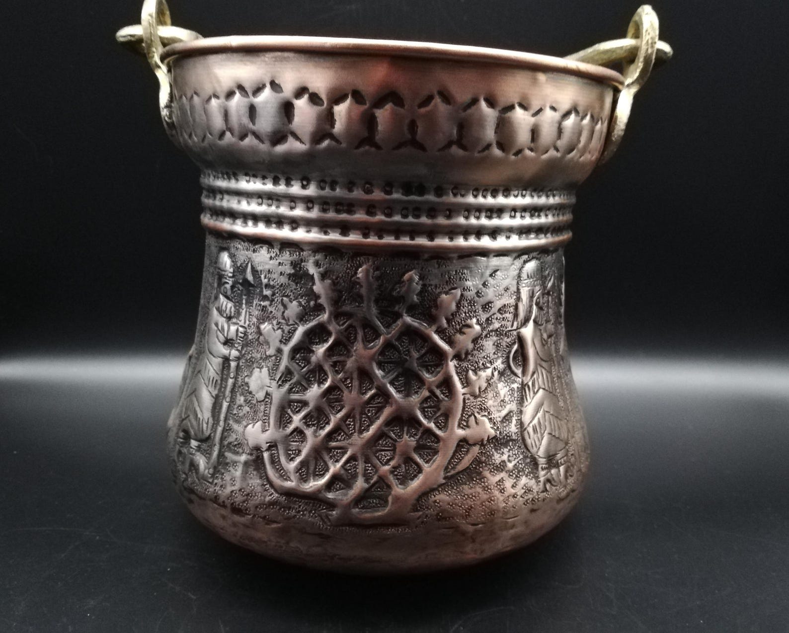 Turkish Hammered Copper Pot Bucket Embossed W/ Motives of Anatolian ...