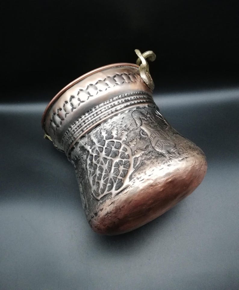 Turkish Hammered Copper Pot Bucket Embossed W/ Motives of Anatolian ...