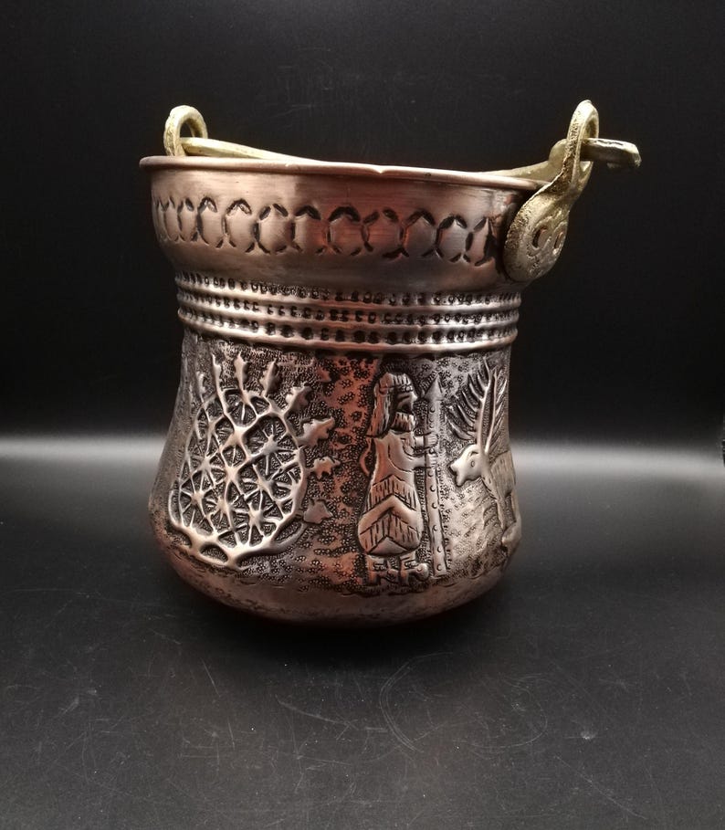 Turkish Hammered Copper Pot Bucket Embossed W/ Motives of Anatolian ...