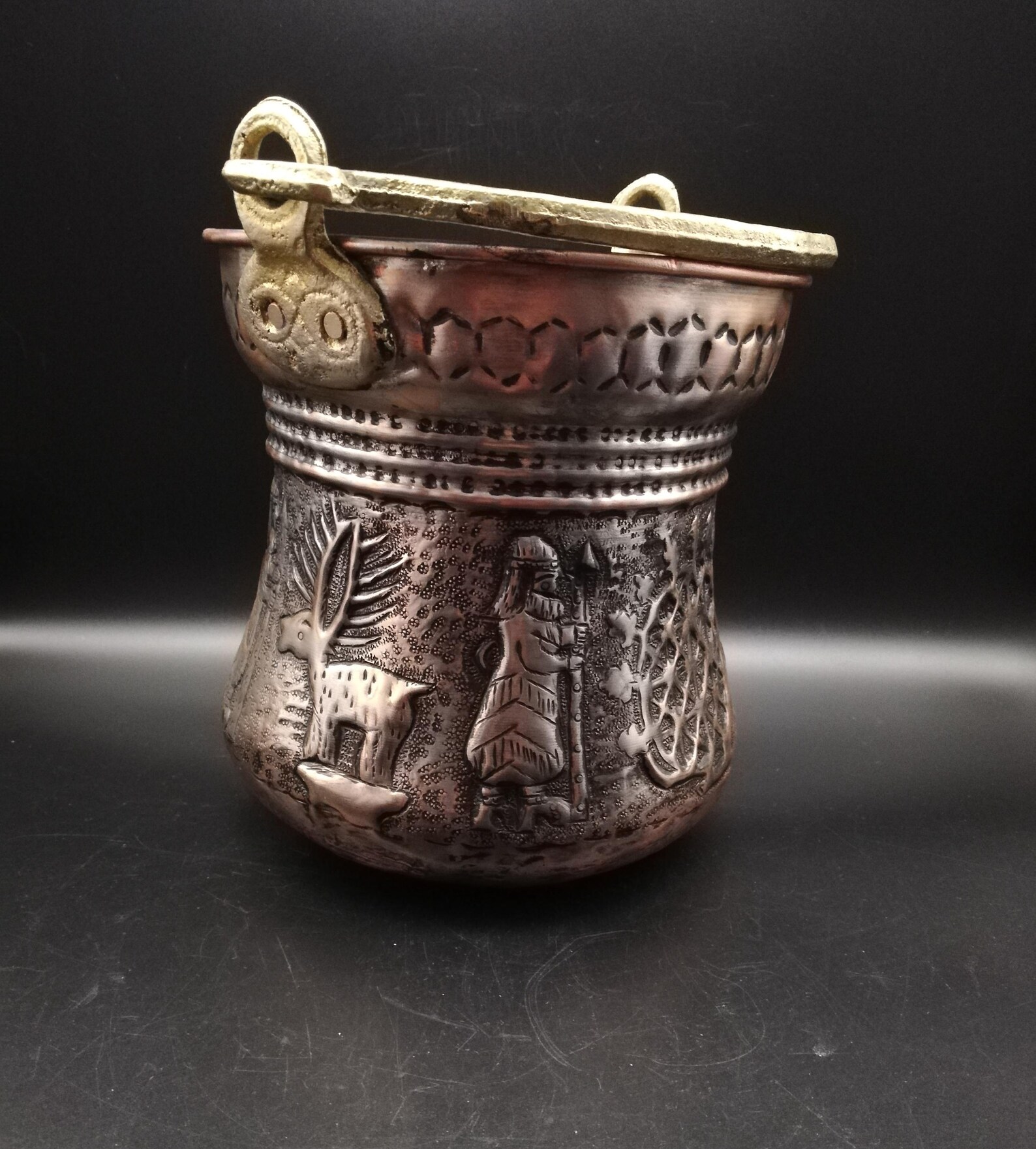 Turkish Hammered Copper Pot Bucket Embossed W/ Motives of Anatolian ...