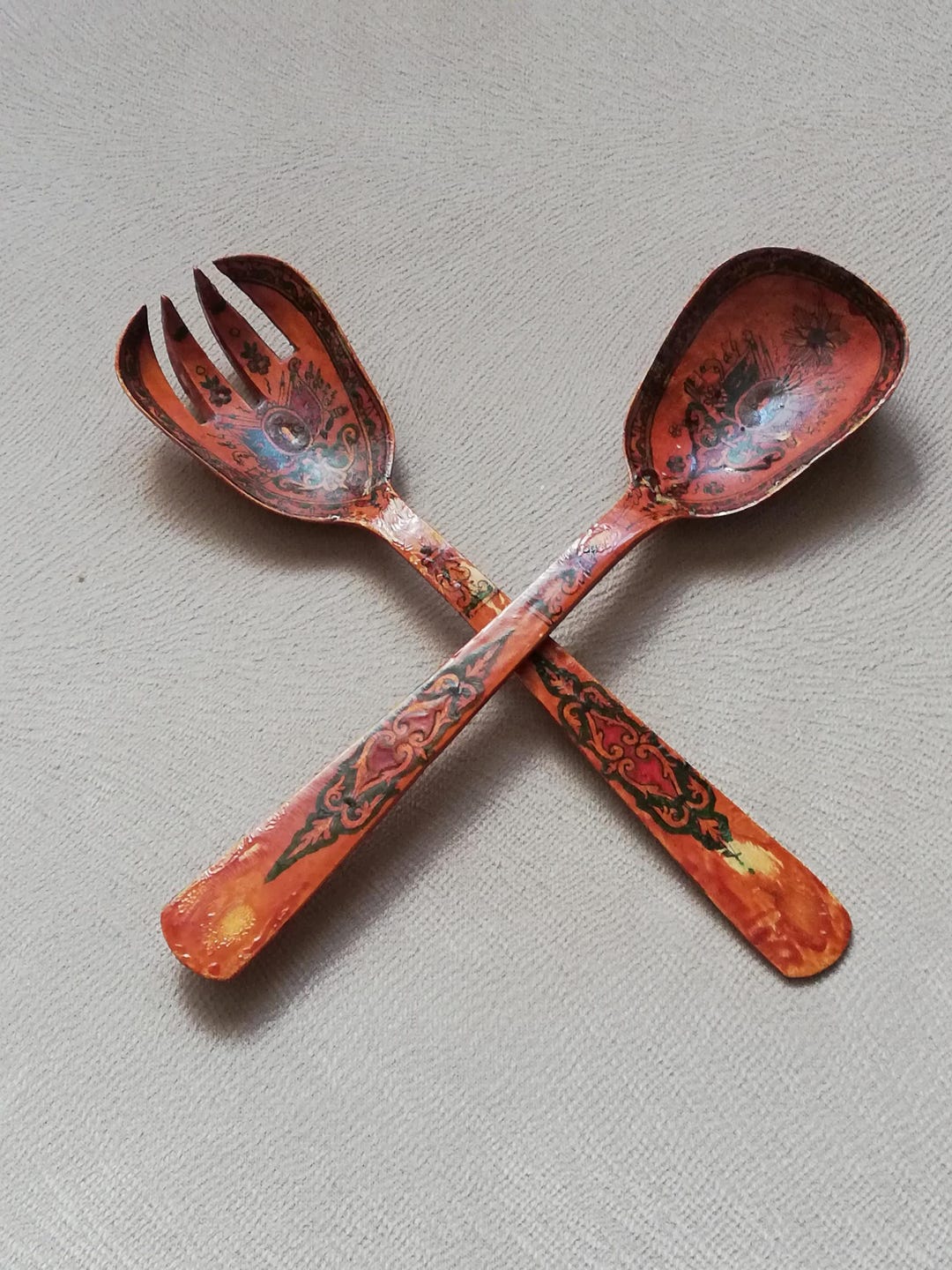 1900's Ottoman Turkish Hand Carved Wooden Spoon & Fork Painted W ...